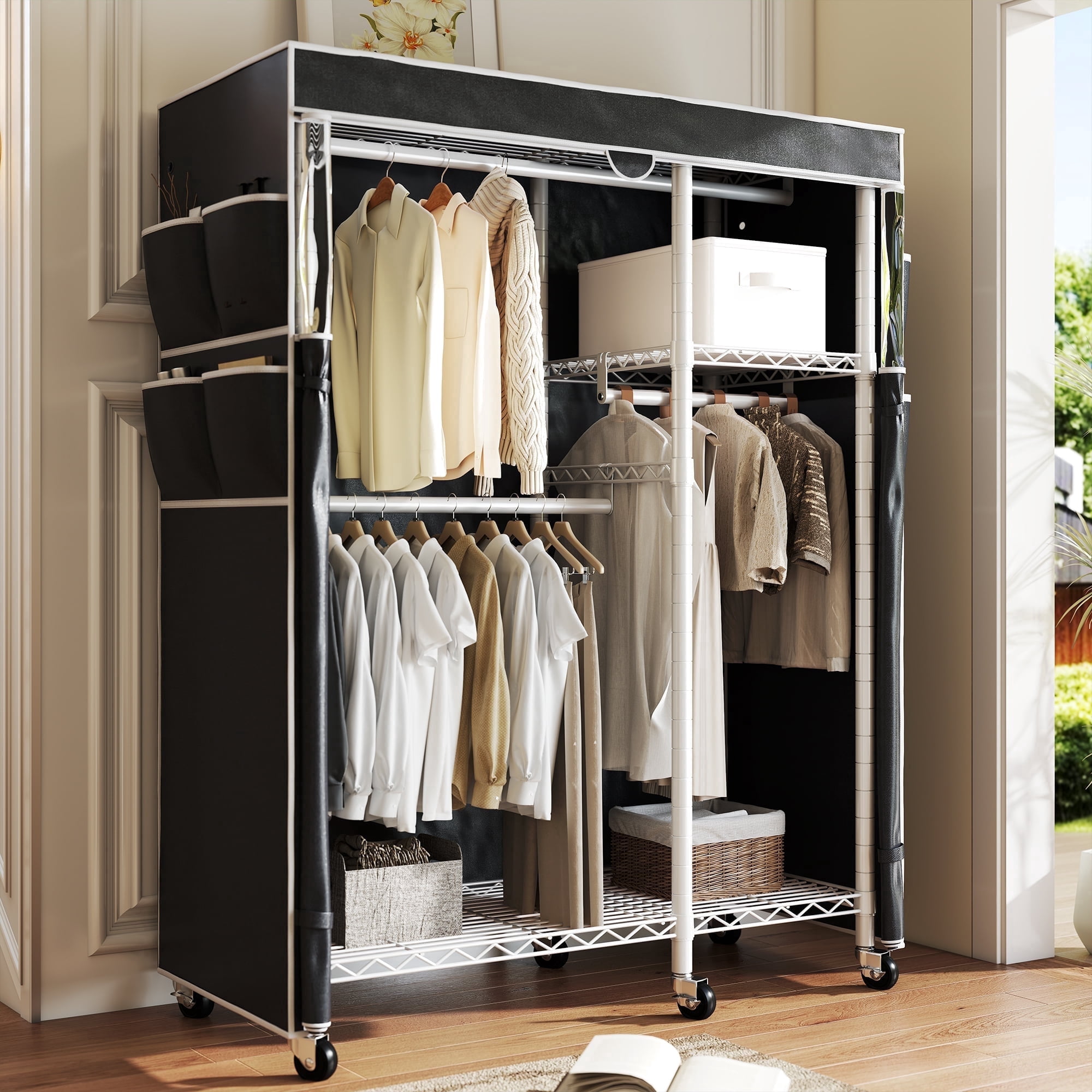 EnHomee Heavy Duty Clothes Rack with Cover,Rolling Garment Rack with ...