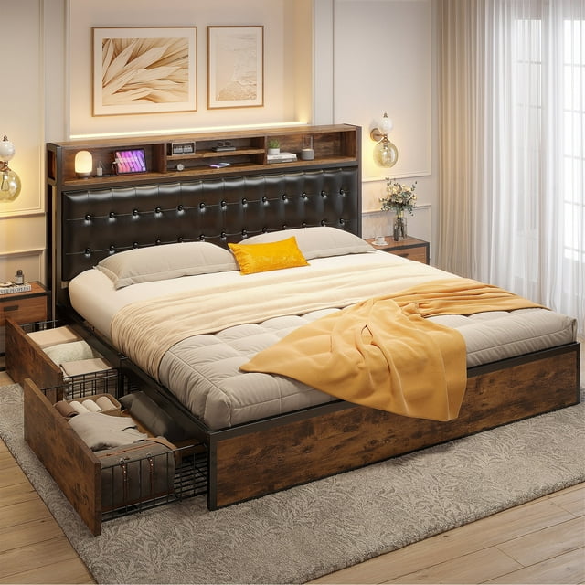 EnHomee King Bed Frame Storage Bed Frame King Size Upholstered Bed with ...