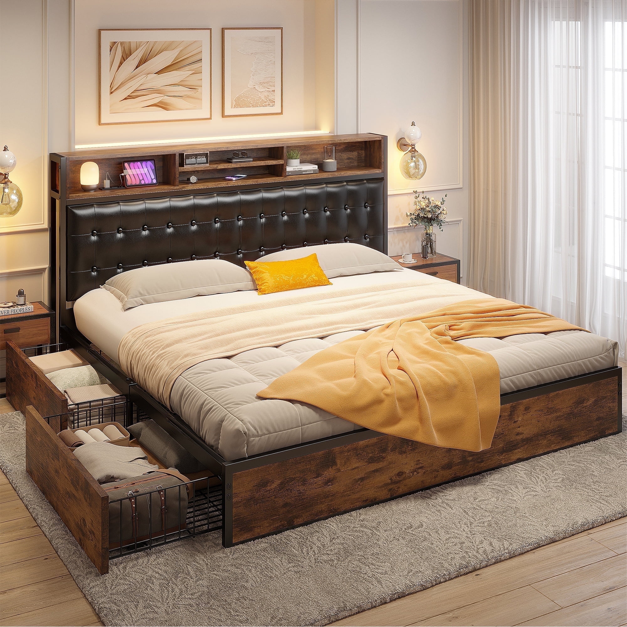 EnHomee King Bed Frame Storage Bed Frame King Size Upholstered Bed with ...