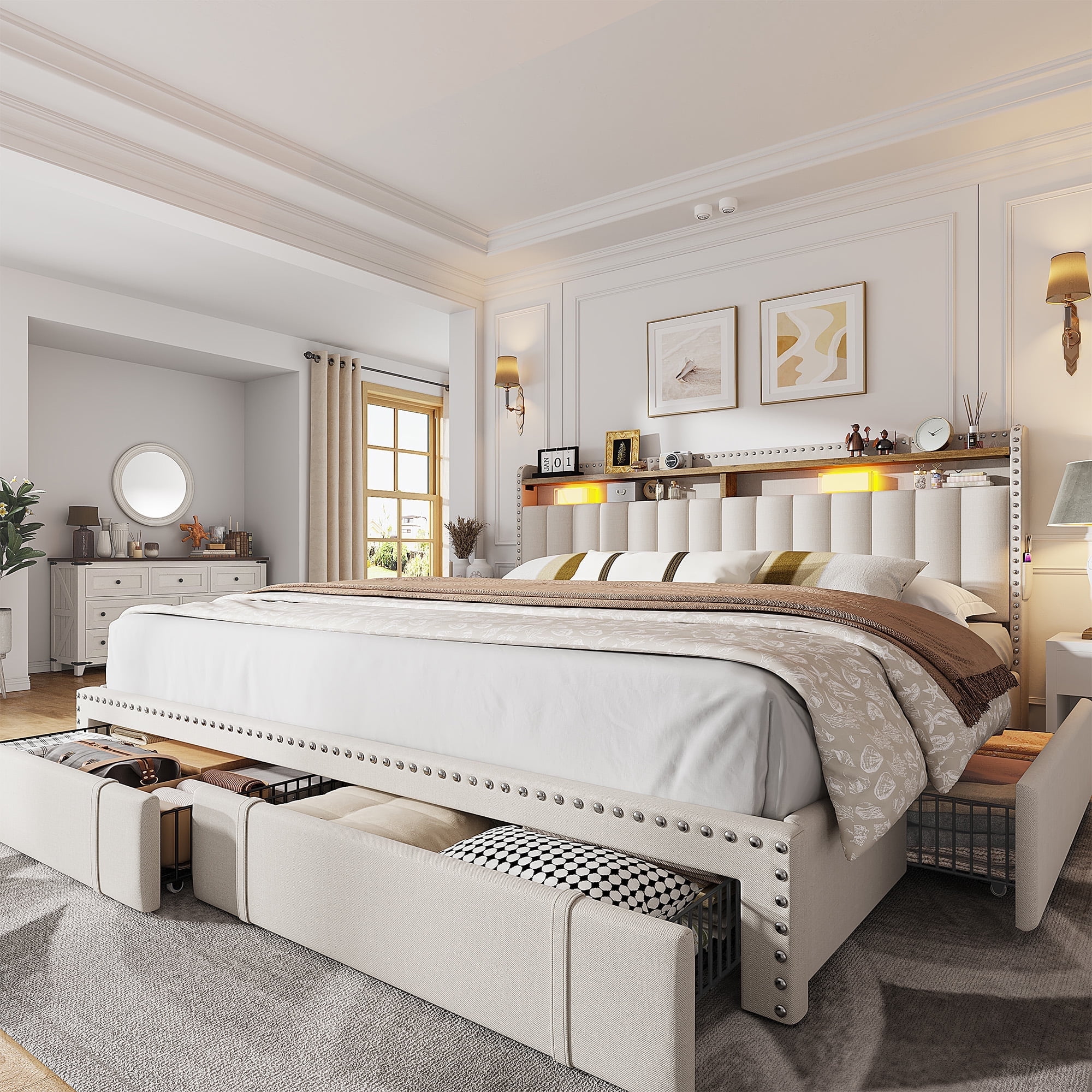 EnHomee King Bed Frame with 4 Drawers & 2-Tier Storage Shelf ...