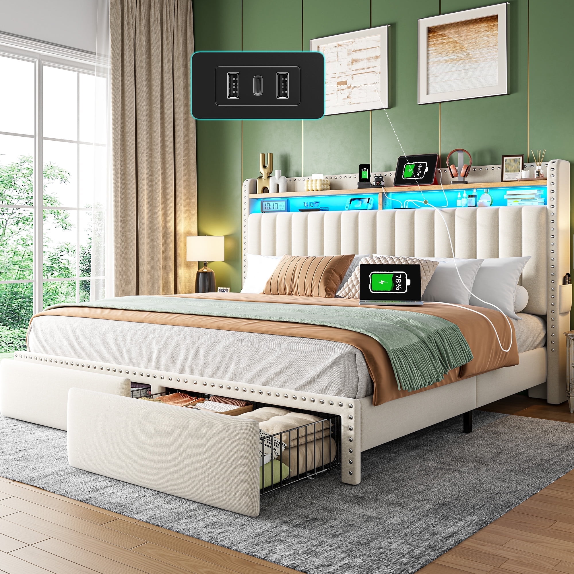 EnHomee King Size Bed Frame with Storage Drawers, LED Lights, Charge ...