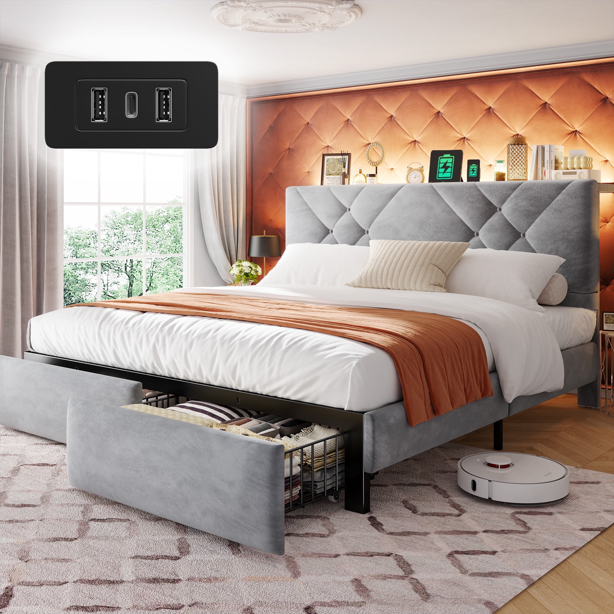 EnHomee King Size Bed Frame with 2 Drawers & Storage Platform ...