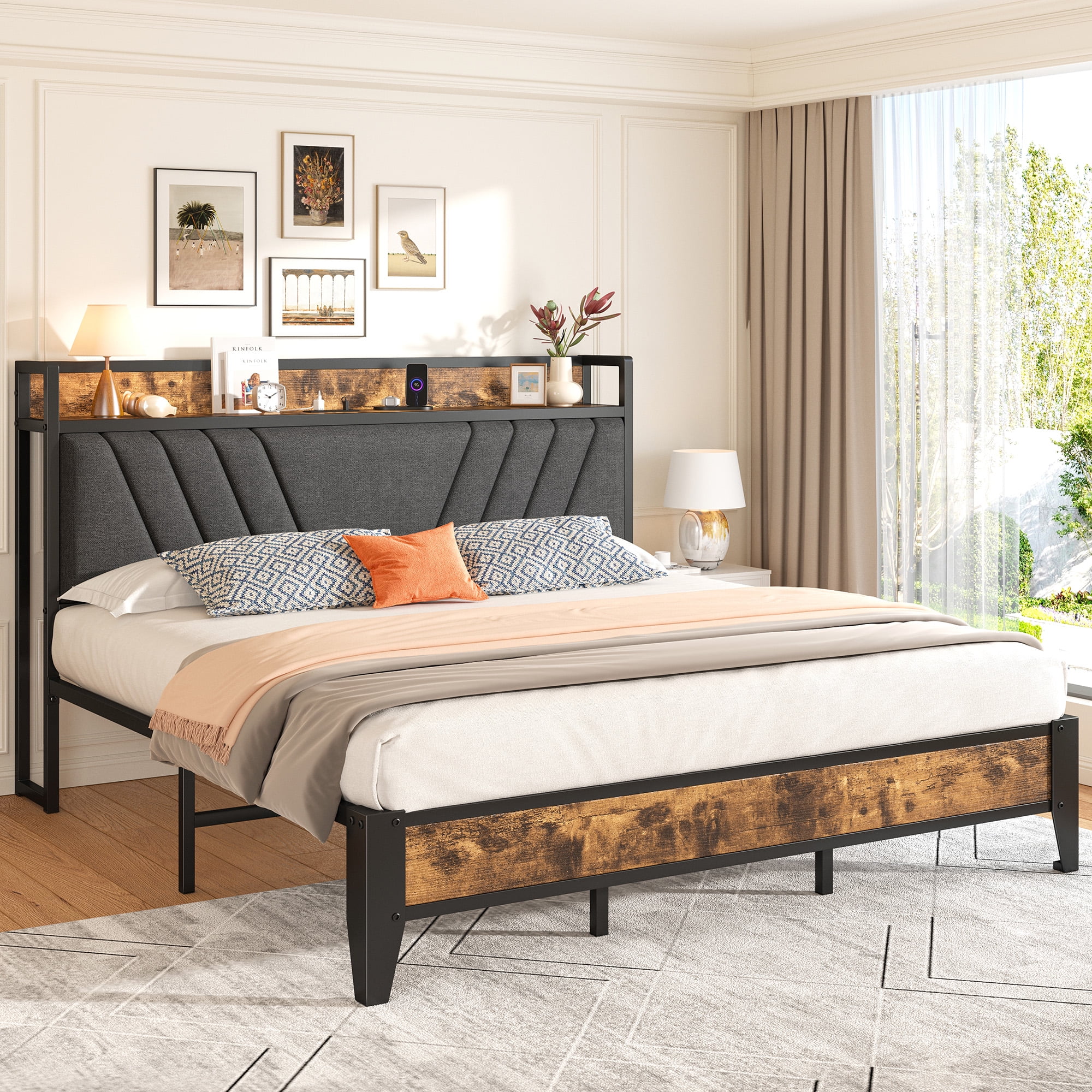 EnHomee King Size Bed Frame with Headboard King Bed Frame with Storage ...