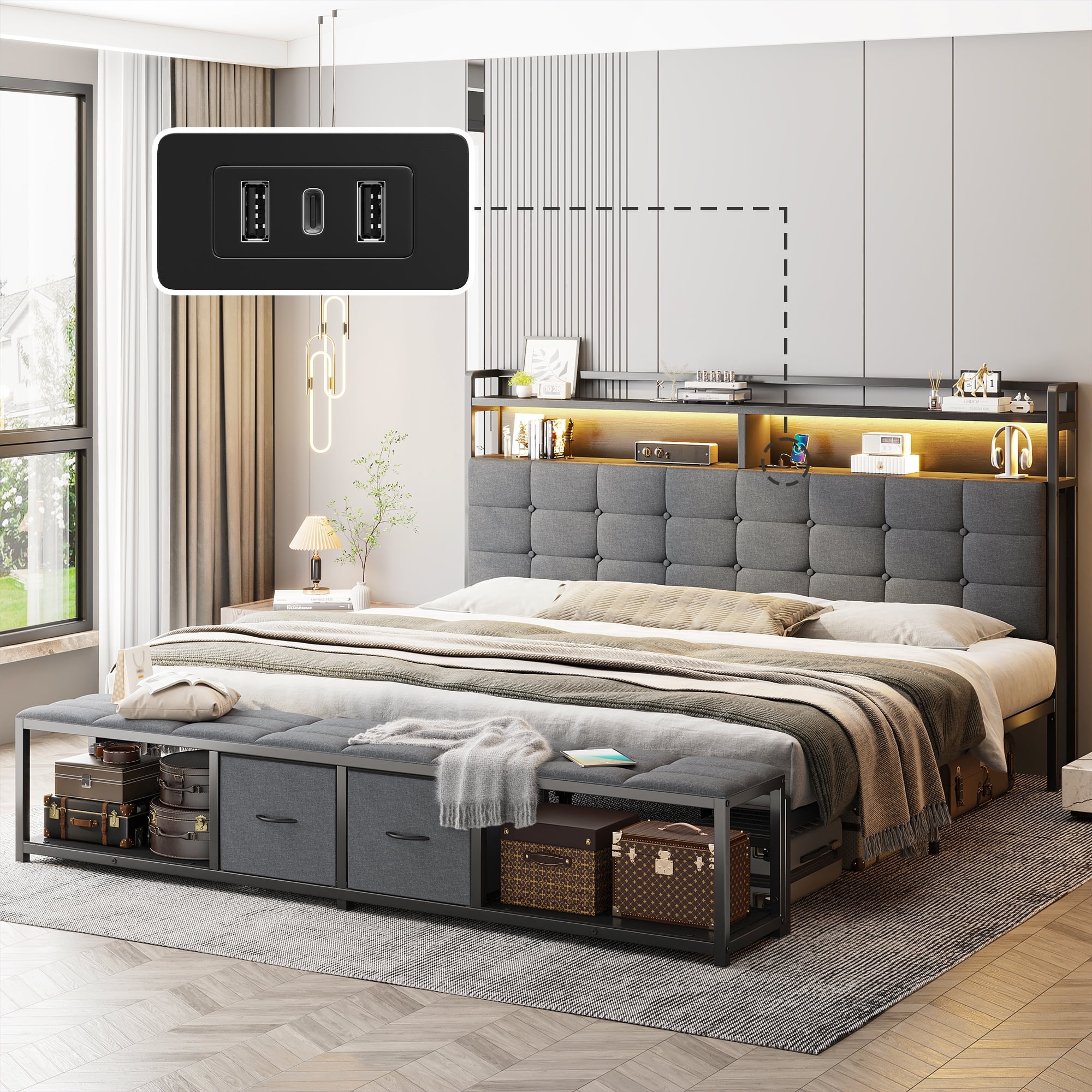 EnHomee King Size Bed Frame with Headboard Upholstered Bed Frame with 2 ...