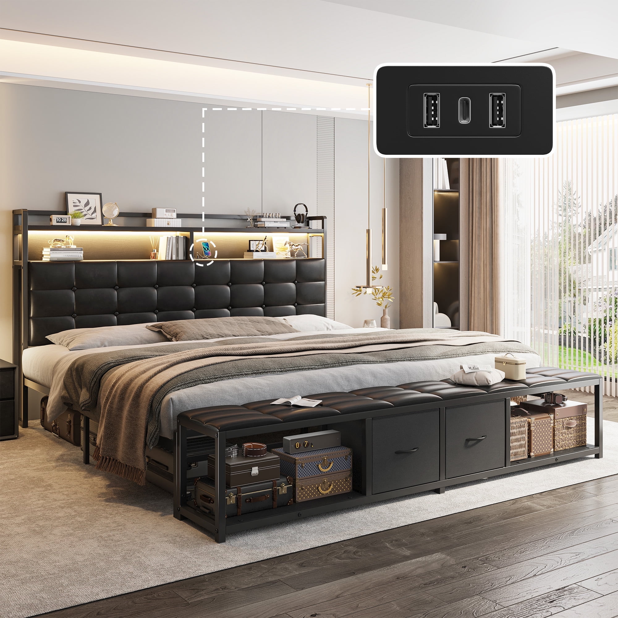 EnHomee King Size Bed Frame with Headboard Upholstered Bed Frame with 2 ...