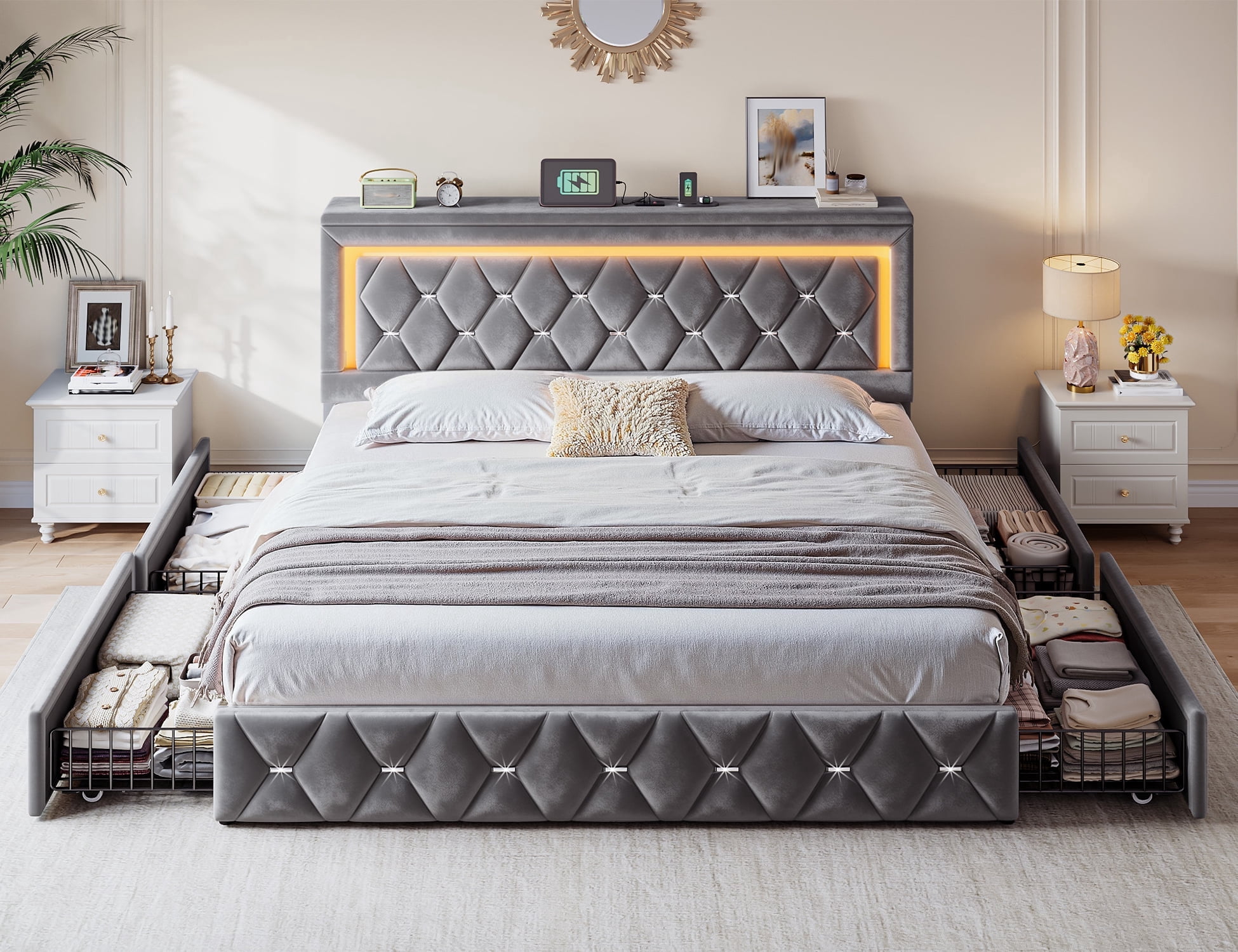 EnHomee King Size Bed Frame with 4 Drawers Upholstered Bed Frame with ...