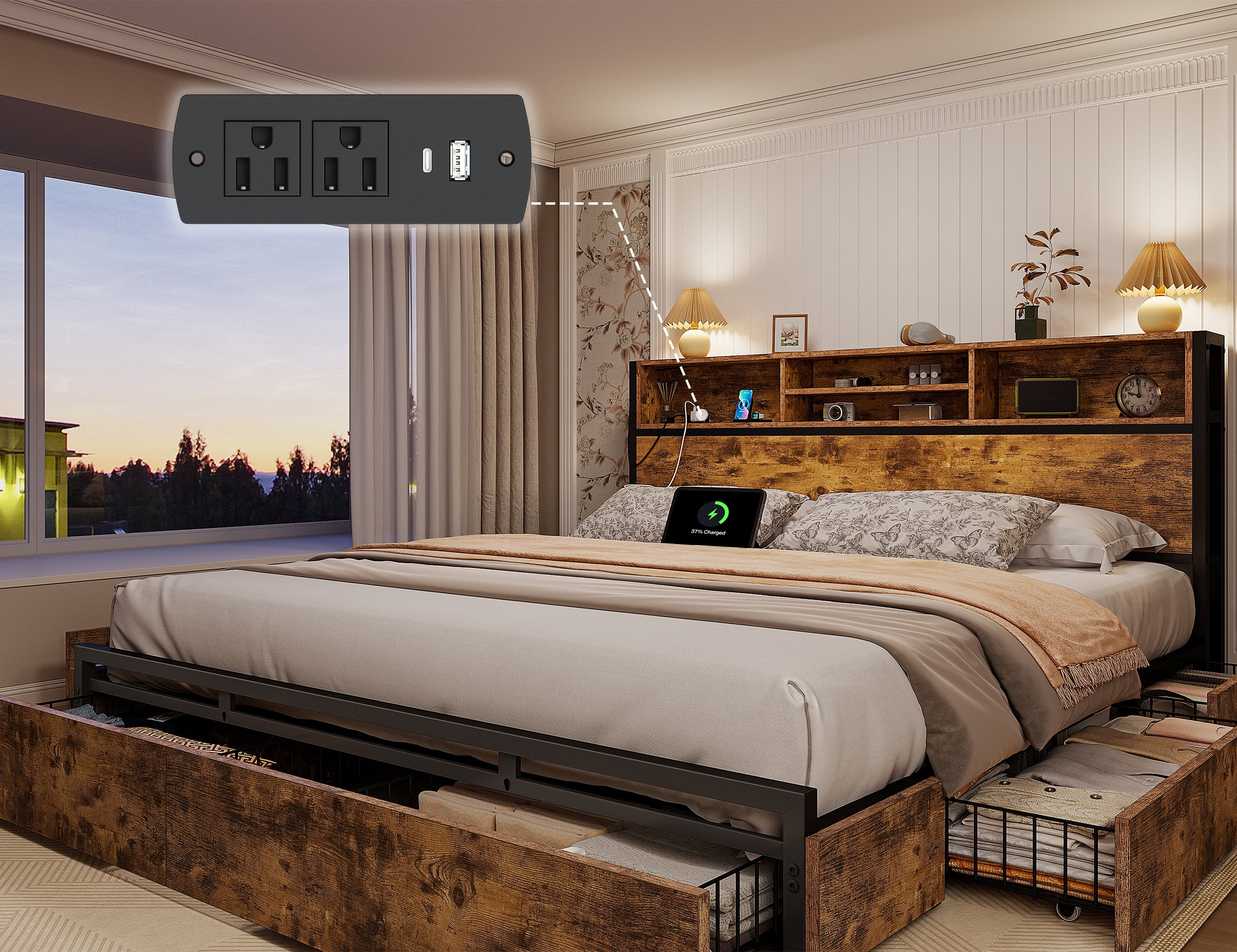 EnHomee King Size Bed Frame with Headboard Metal King Bed Frame with 6 ...