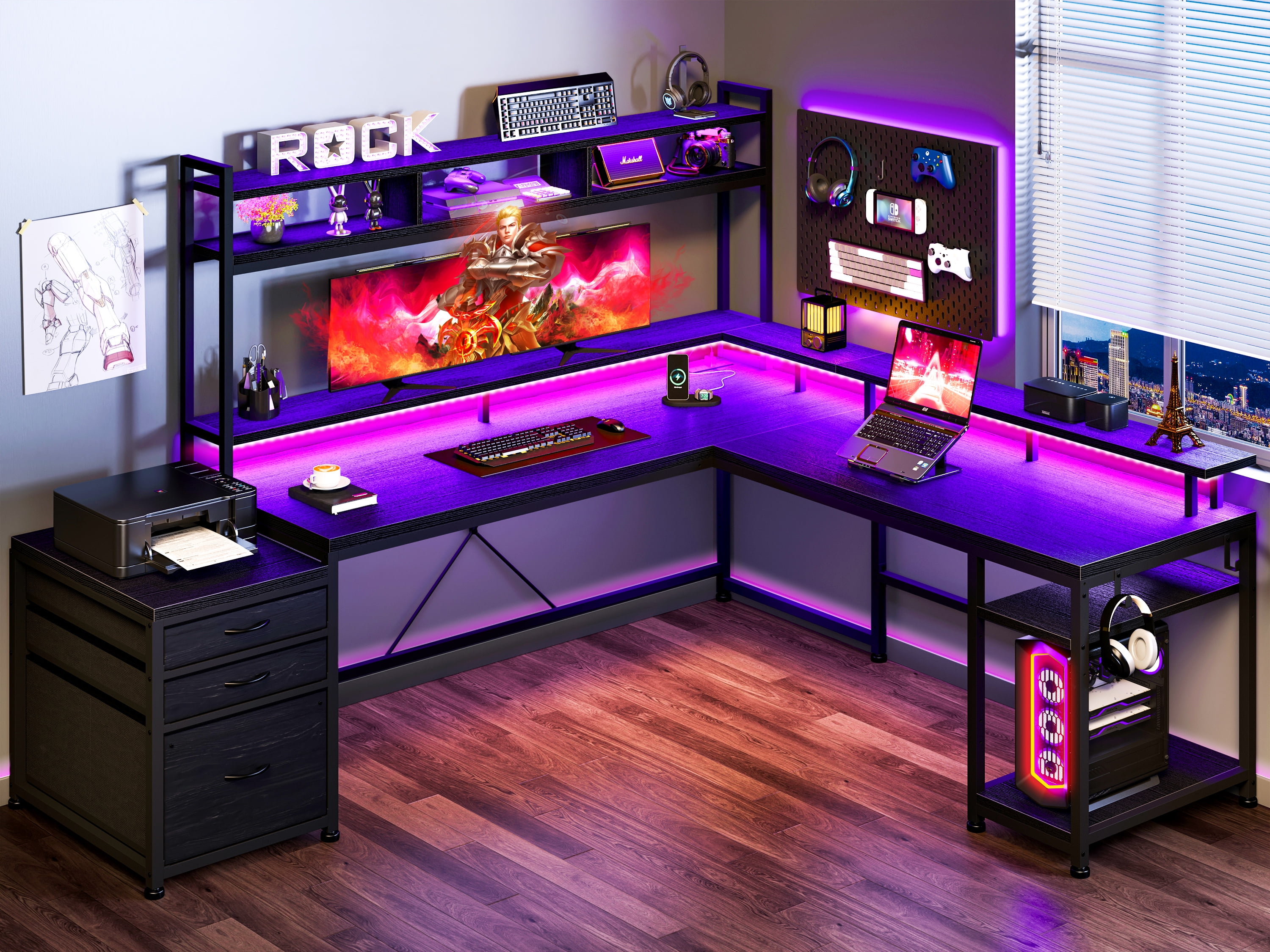 EnHomee L Shaped Gaming Desk with LED Light, Drawers, Storage Shelf ...