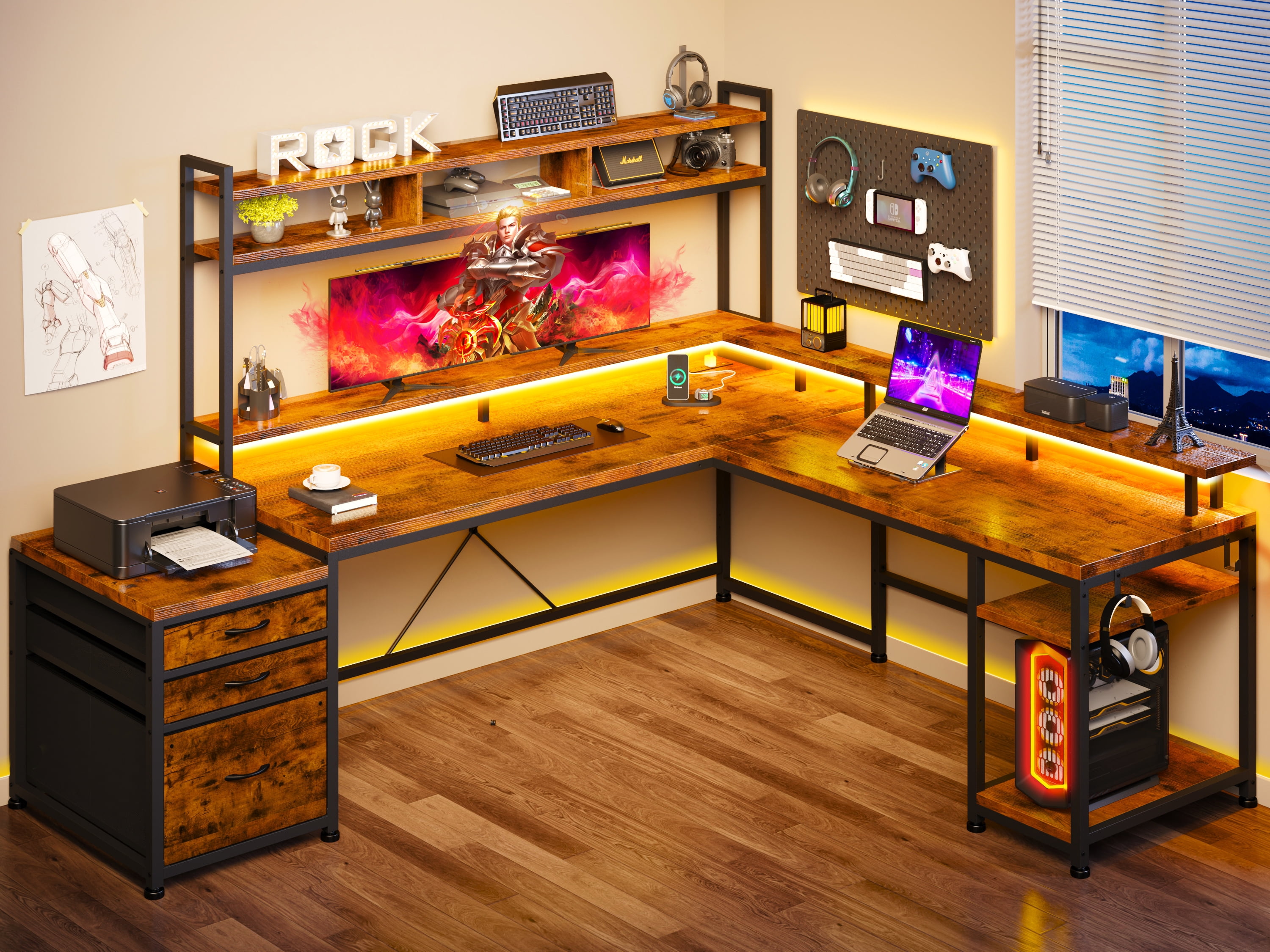EnHomee L Shaped Gaming Desk with RGB LED, Outlets, File Cabinet ...