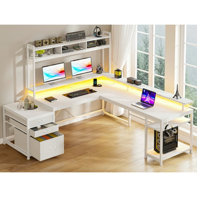 EnHomee L Shaped Desk with LED Light and Outlet,Reversible Gaming Desk ...