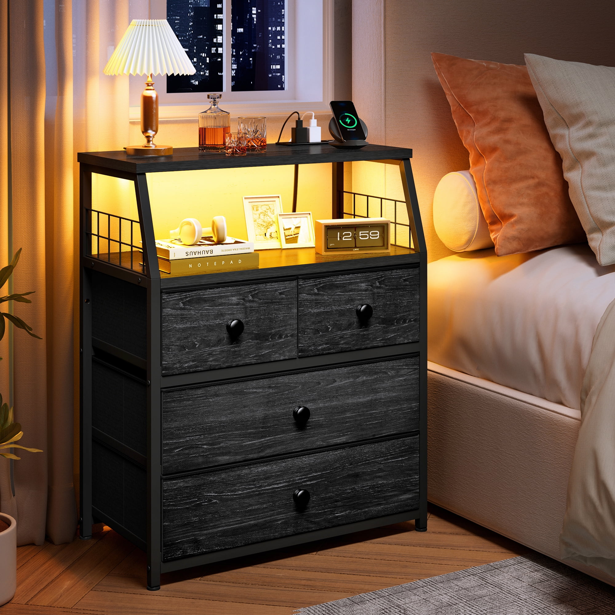 EnHomee LED Night Stand with Drawers Bedside Table with Drawers Side ...