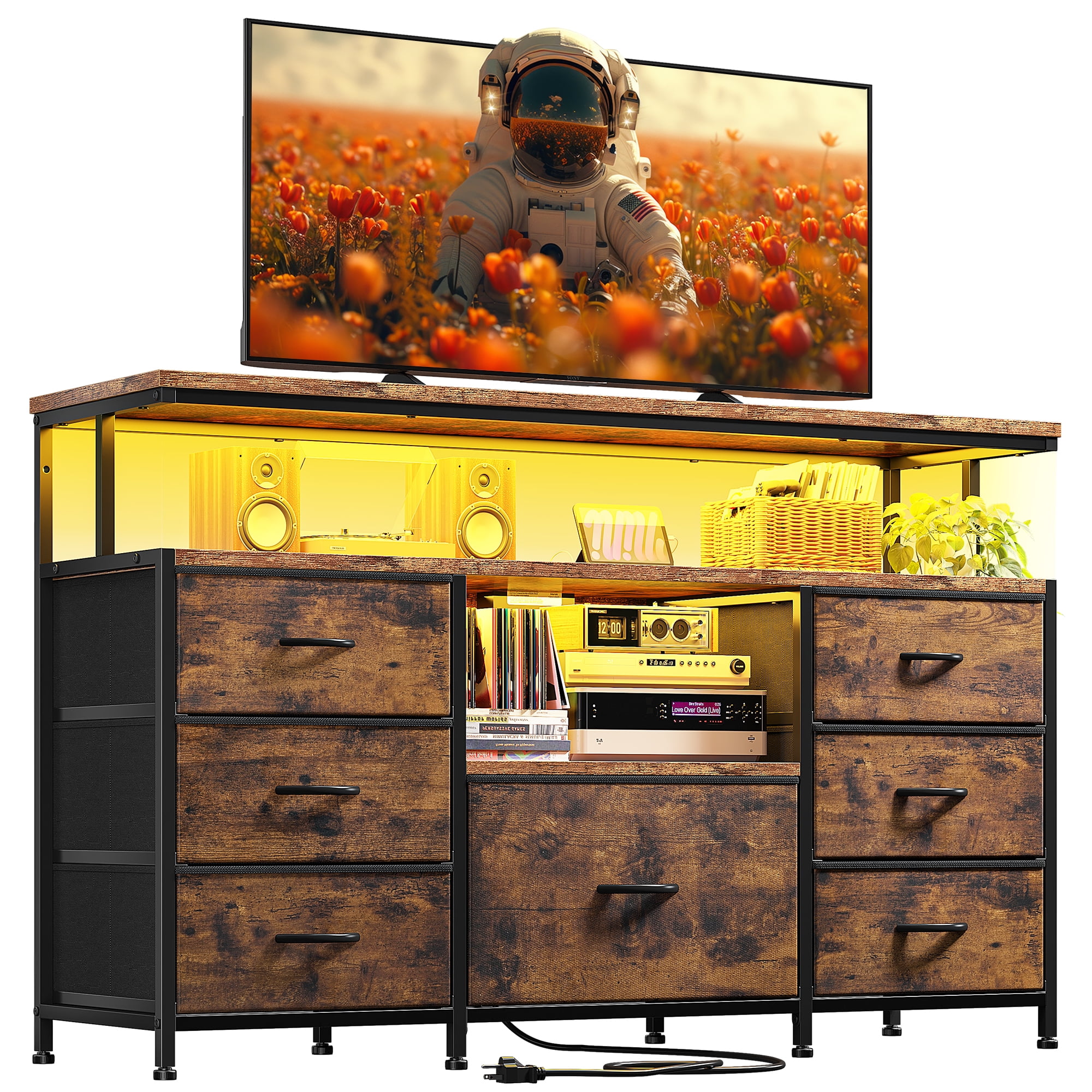 EnHomee Modern LED TV Stand & Dresser for 55", Power Outlets, 7 Drawers ...