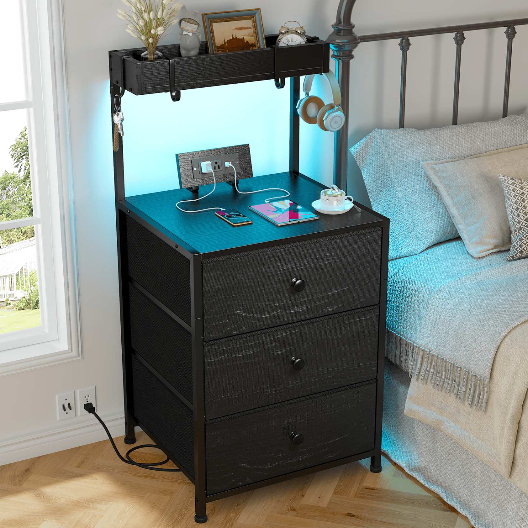 EnHomee Nightstand with Charger Station & LED Light Nightstand for ...