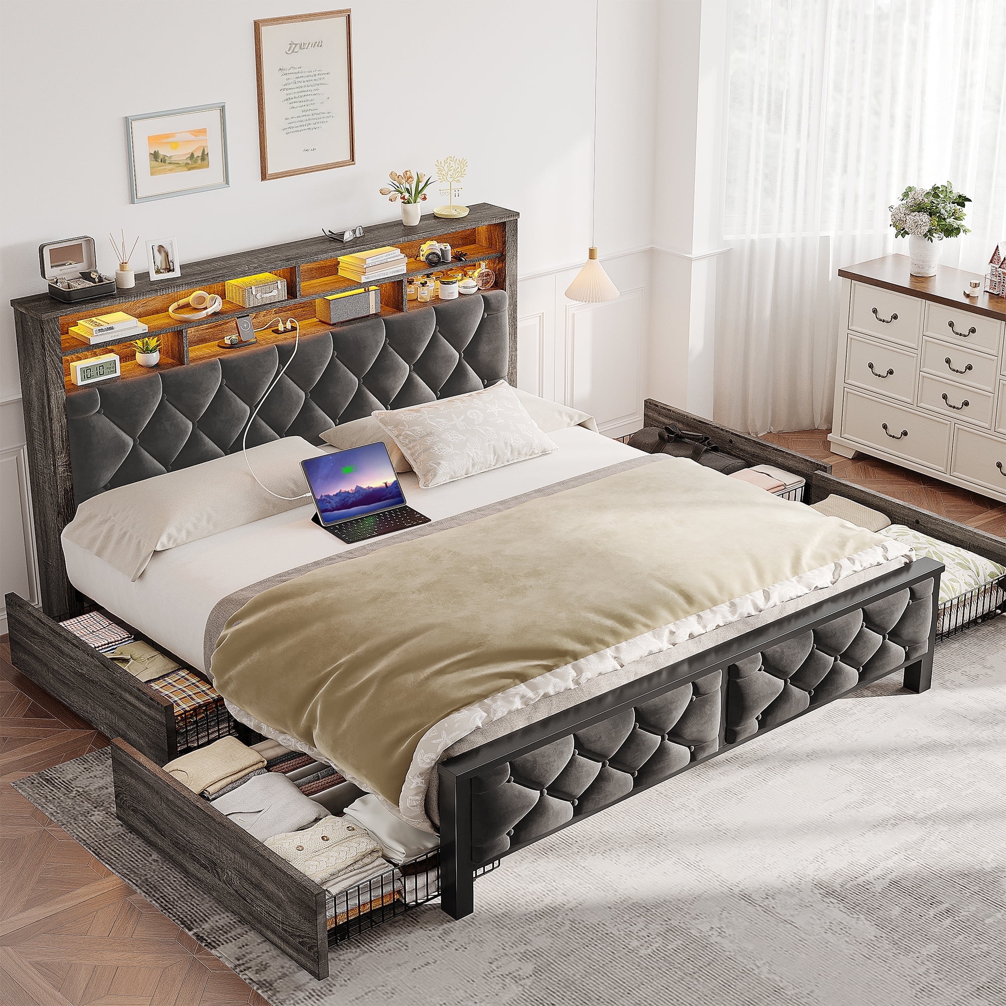 EnHomee Queen Bed Frame with 4 Storage Drawers Upholstered Platform Bed ...