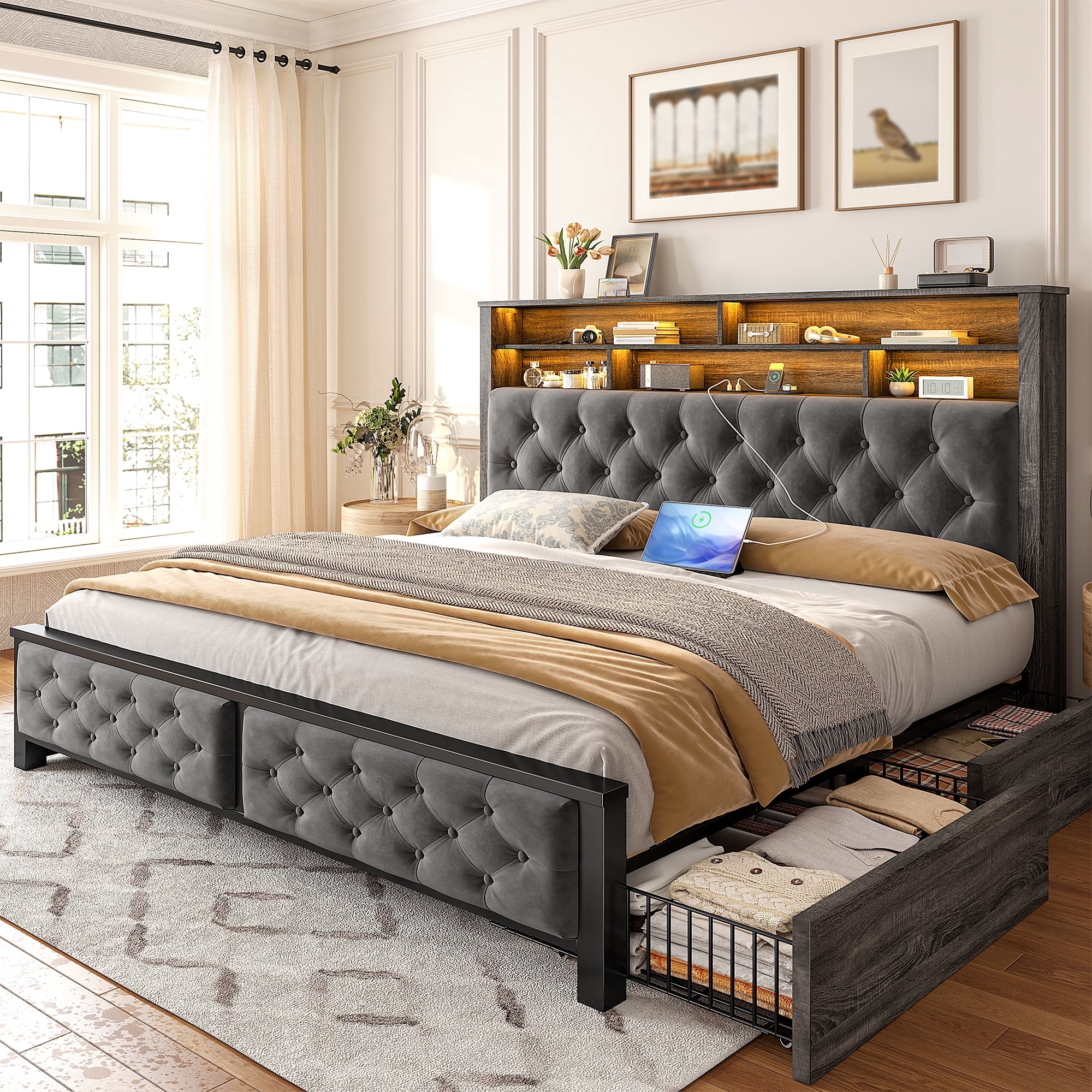 EnHomee Queen Bed Frame with 4 Storage Drawers Upholstered Platform Bed ...