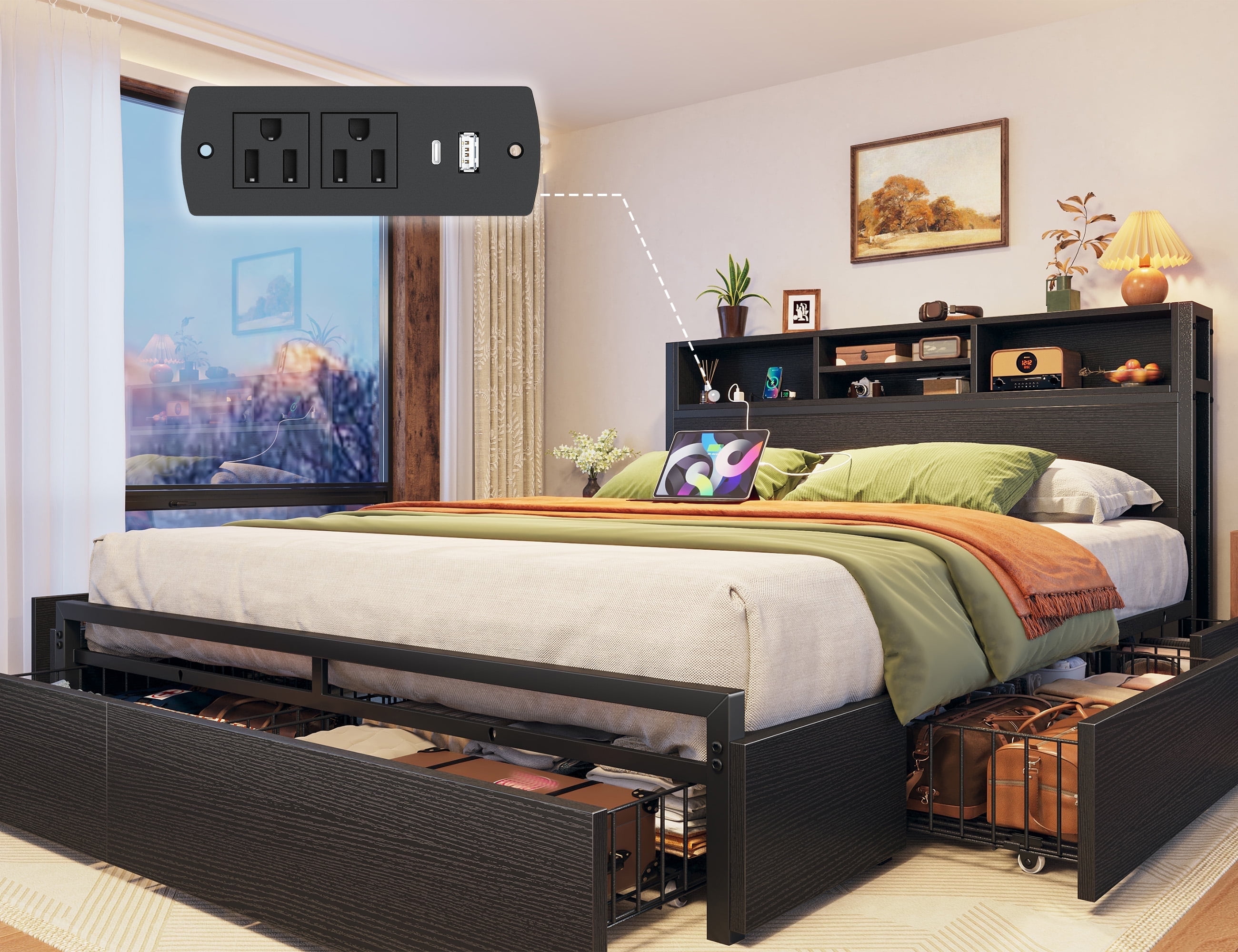 EnHomee Queen Metal Platform Bed Frame with 6 Storage Drawers & Storage ...