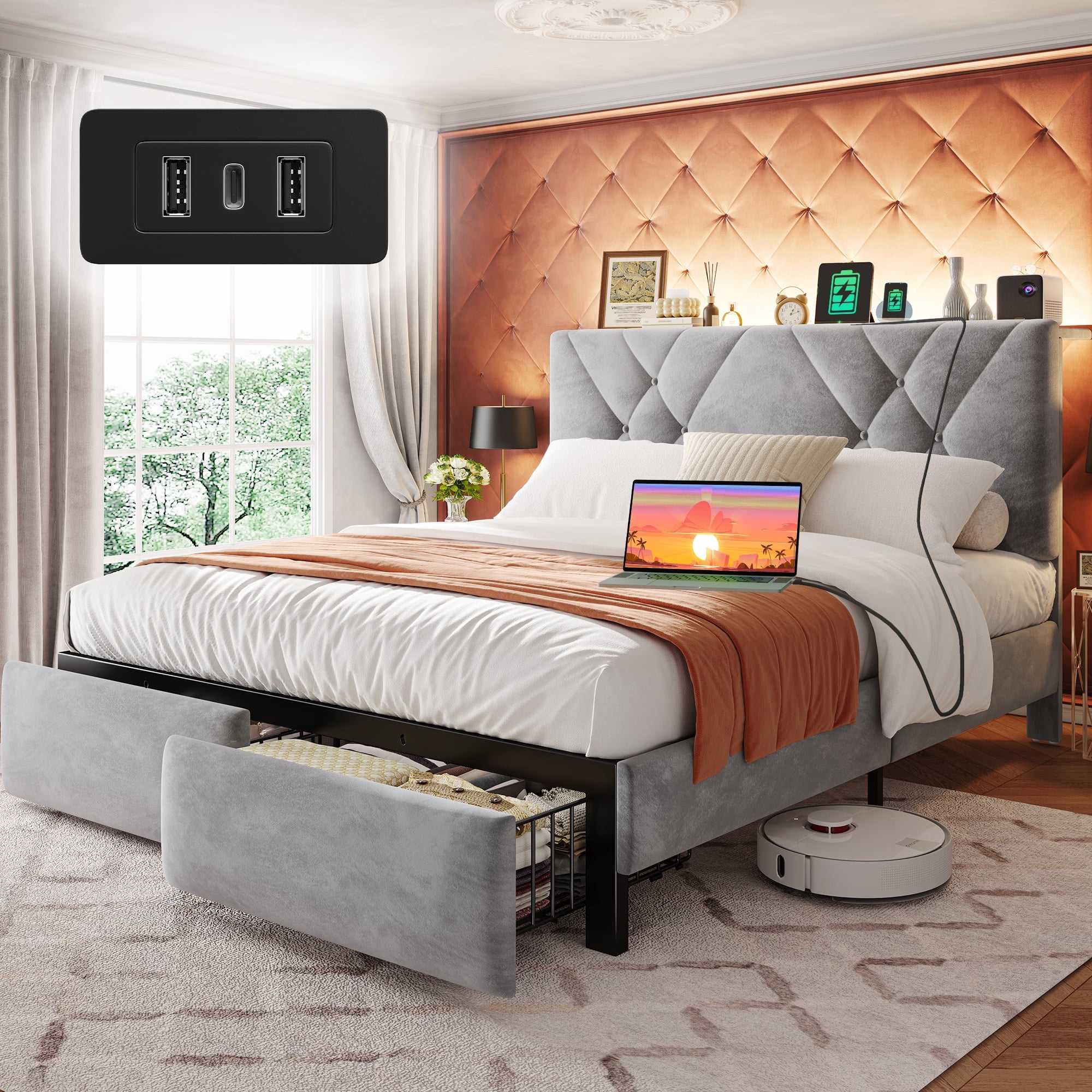 EnHomee Queen Size Bed Frame with 2 Drawers & Storage Platform ...