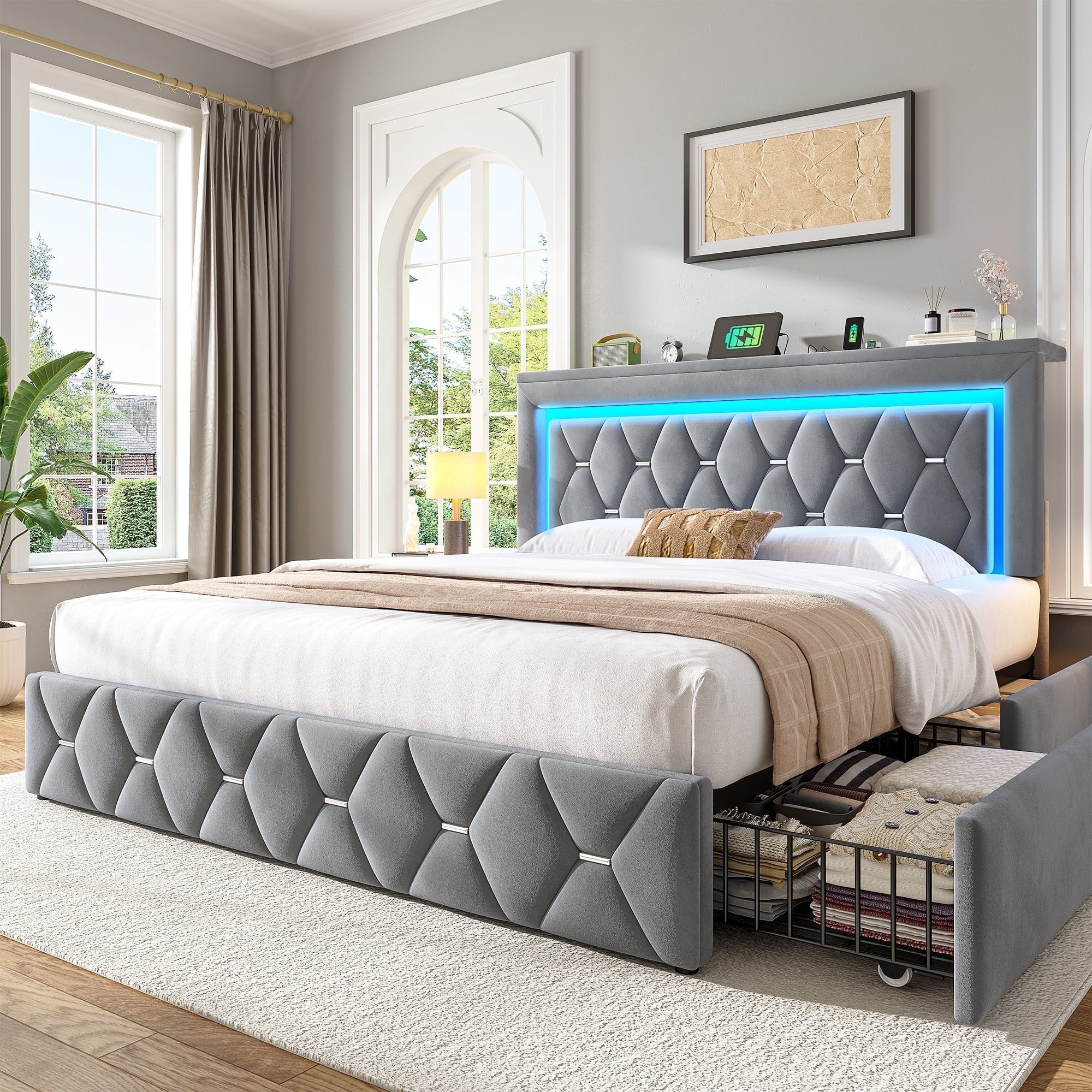 EnHomee Queen Size Bed Frame with 4 Storage Drawers Upholstered Bed ...