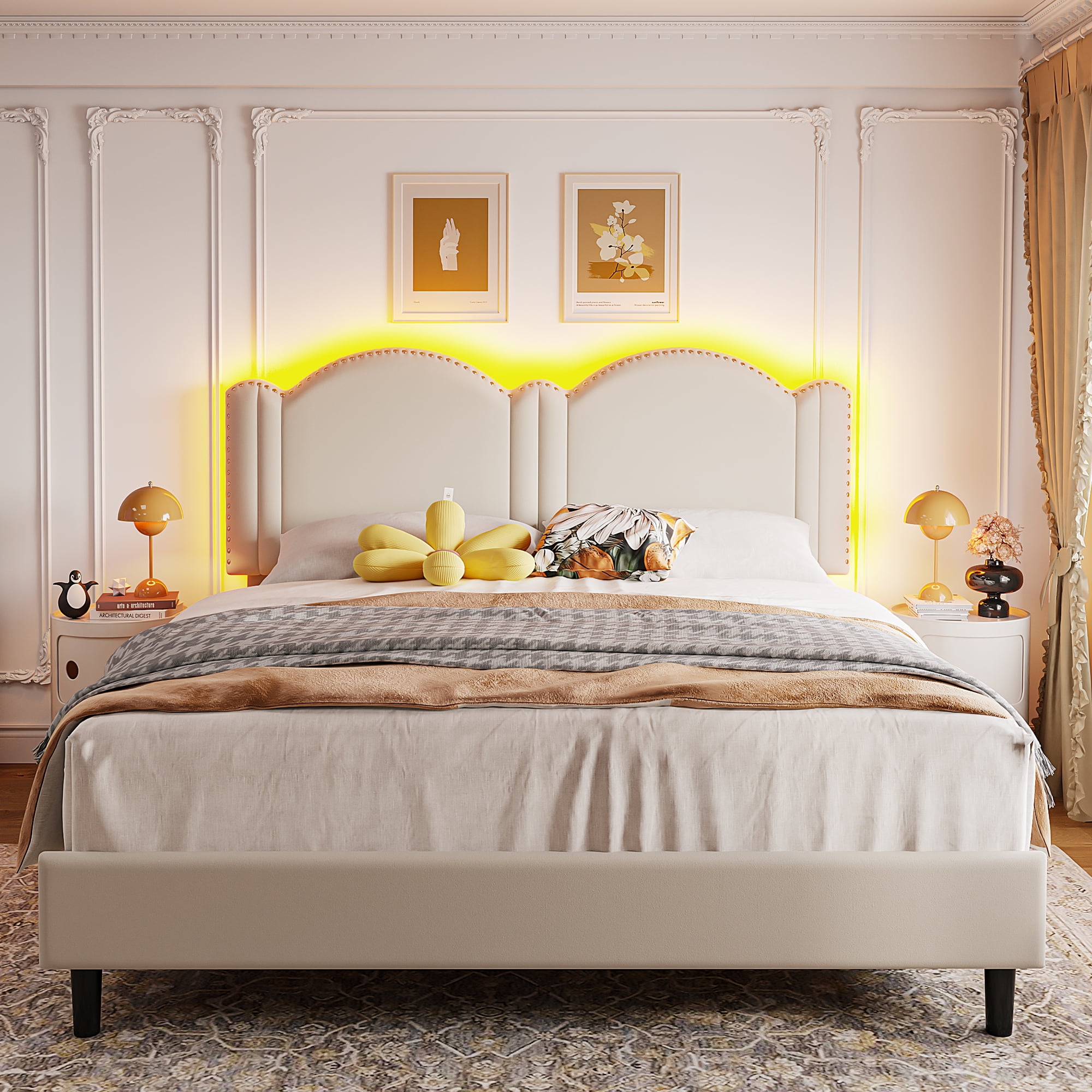 EnHomee Queen Size LED Bed Frame with Velvet Upholstered Headboard Bed ...