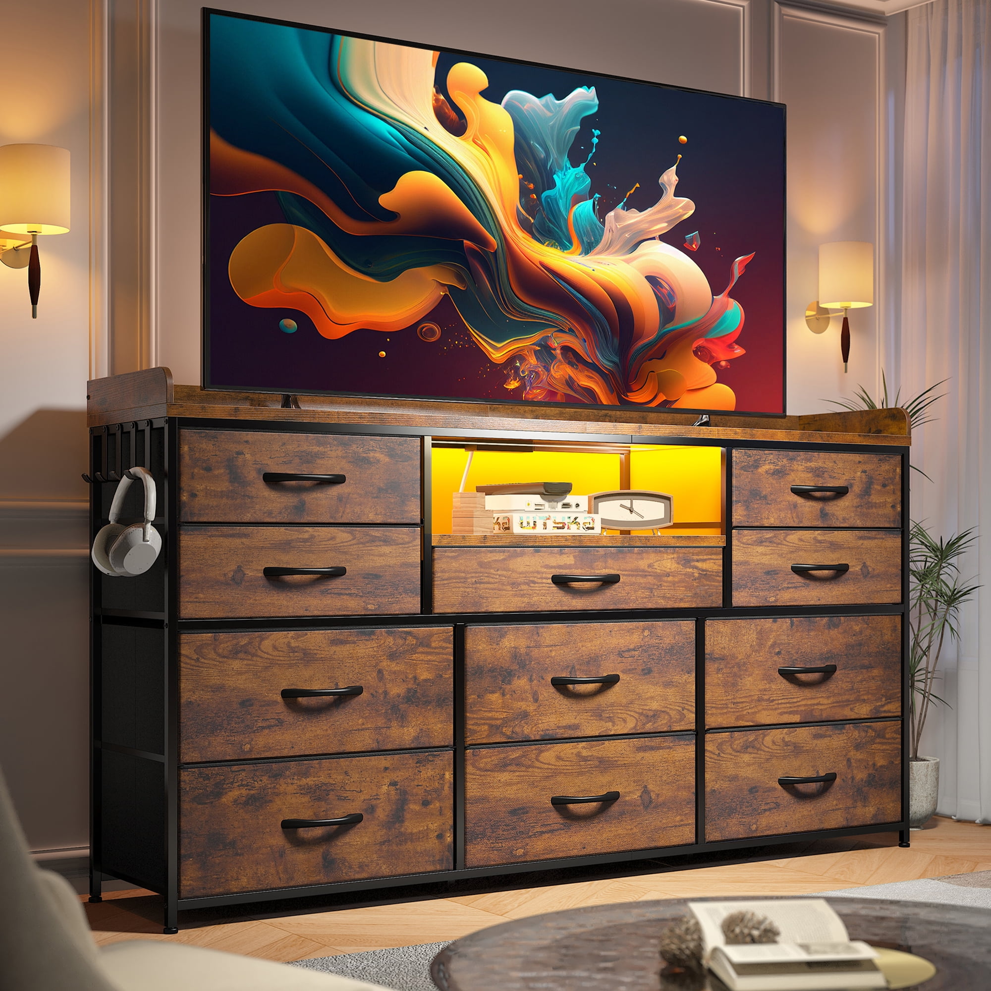 EnHomee TV Stand for 55" TV Fabric Dresser with LED Lights & Power ...