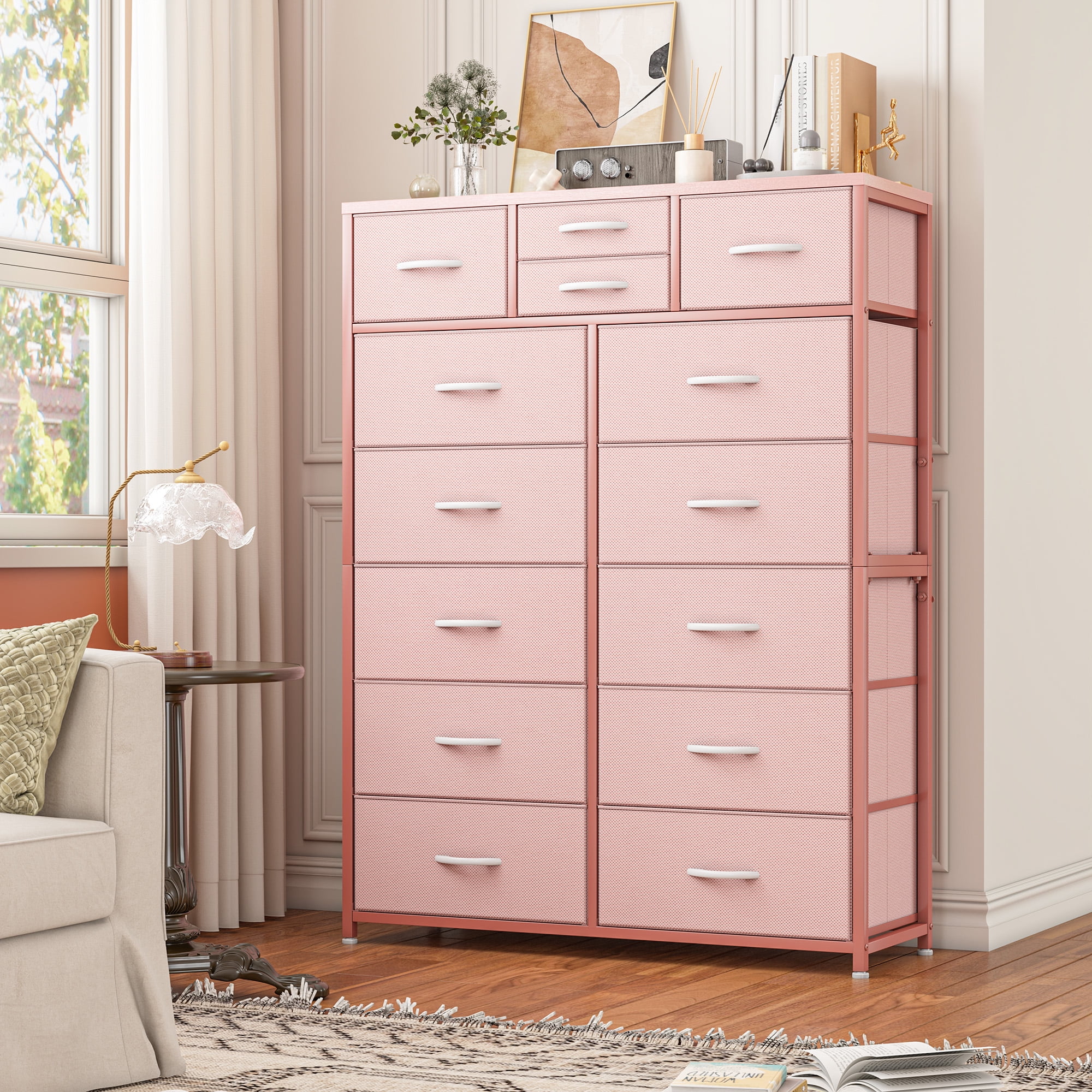 EnHomee Pink Tall Dresser for Bedroom, 14-Drawer Fabric Storage Tower ...