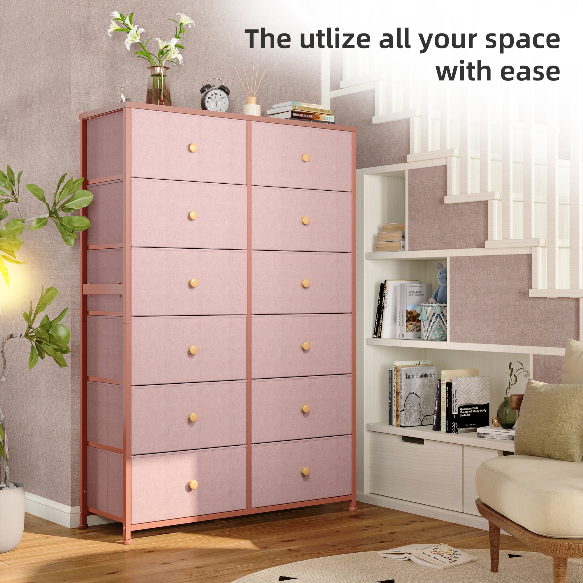 EnHomee 12 Drawer Tall Dresser, Pink Modern Fabric Storage Tower for ...