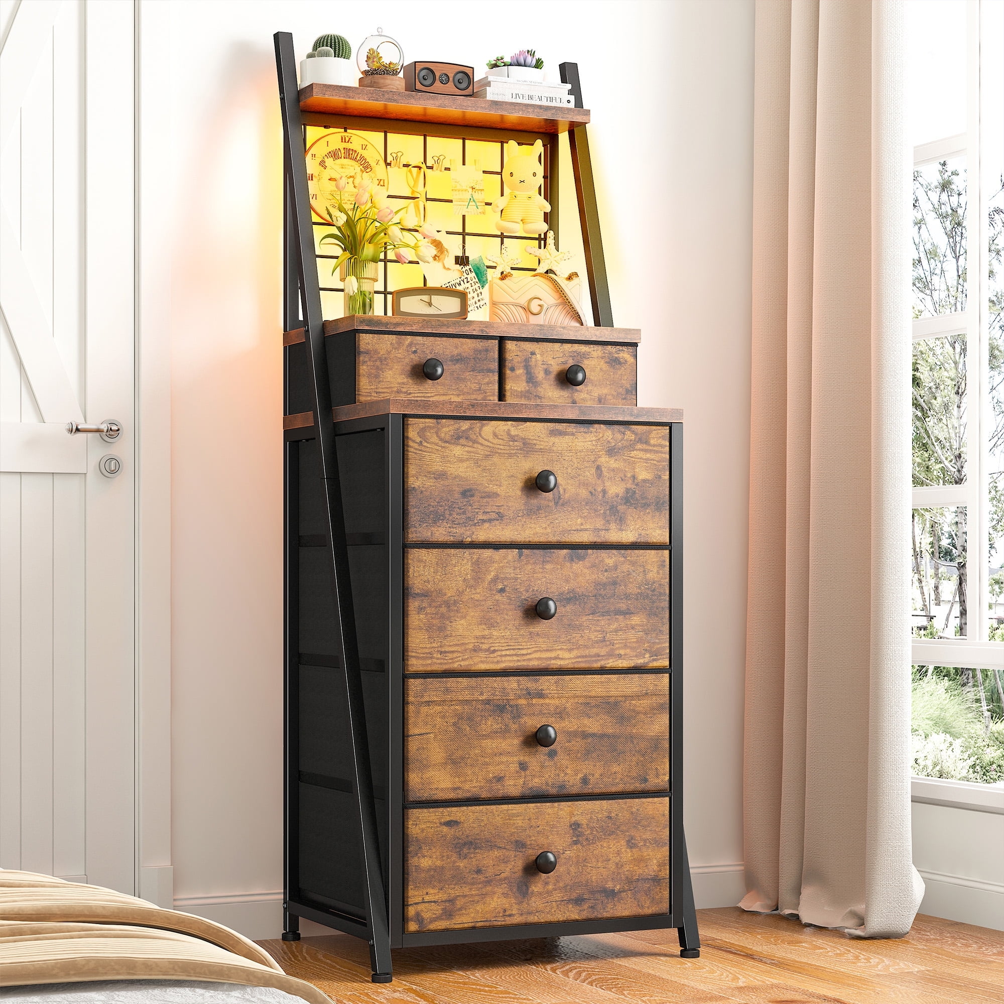 EnHomee Tall Dresser for Bedroom with LED Light Fabric Dresser&Chests ...