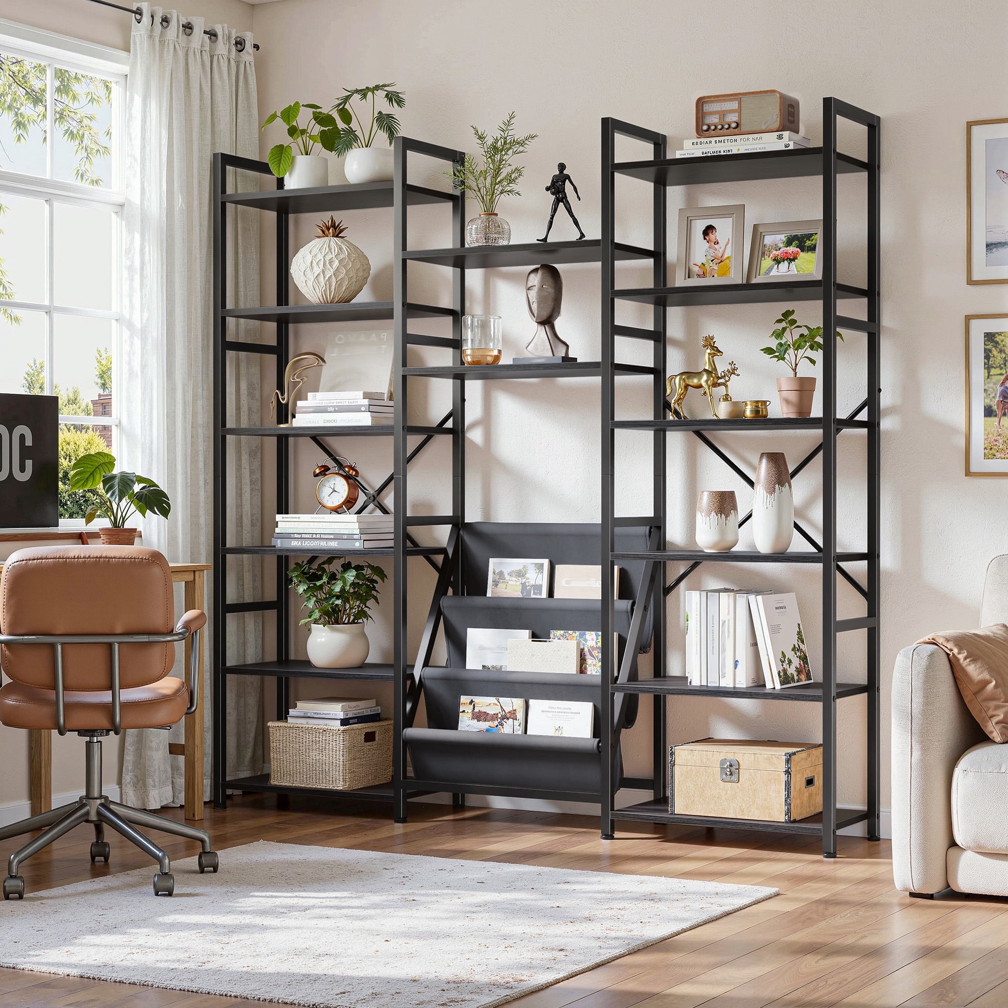 EnHomee Triple 6-Tier Industrial Bookshelf Set with 14 Open Display ...