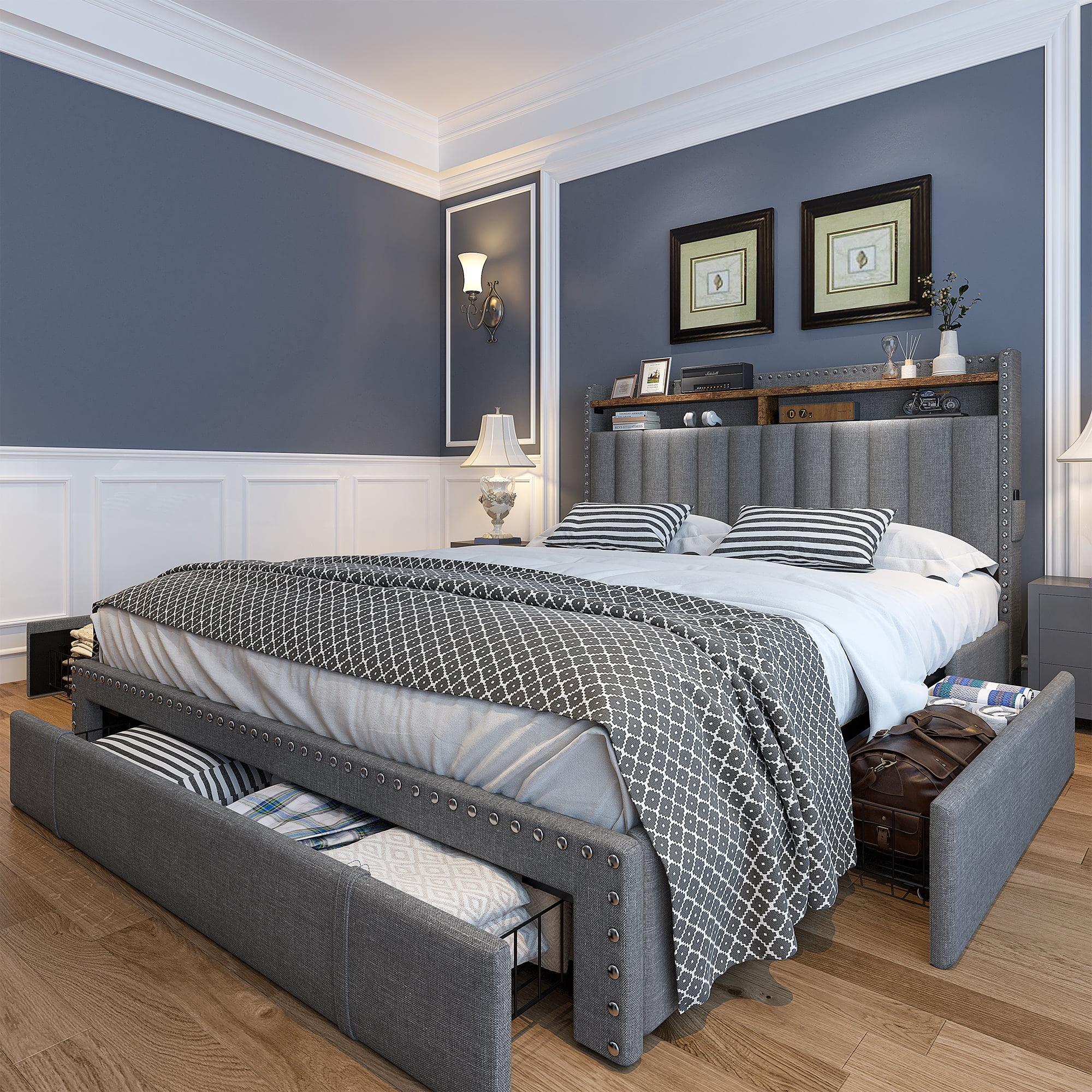 EnHomee Upholstered Full Size Bed Frame with Headboard and Storage ...