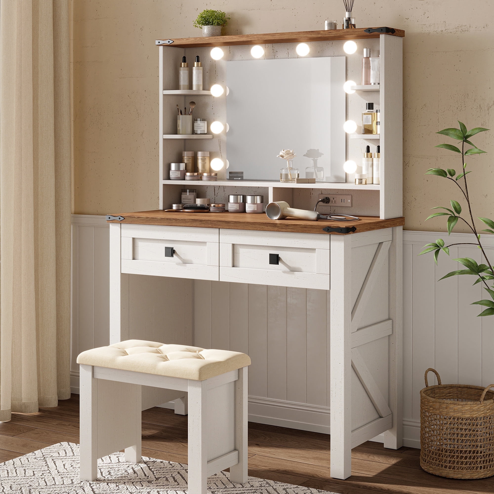 EnHomee Vanity Set with Mirror and Lights Vanity Desk with 2 Wooden ...