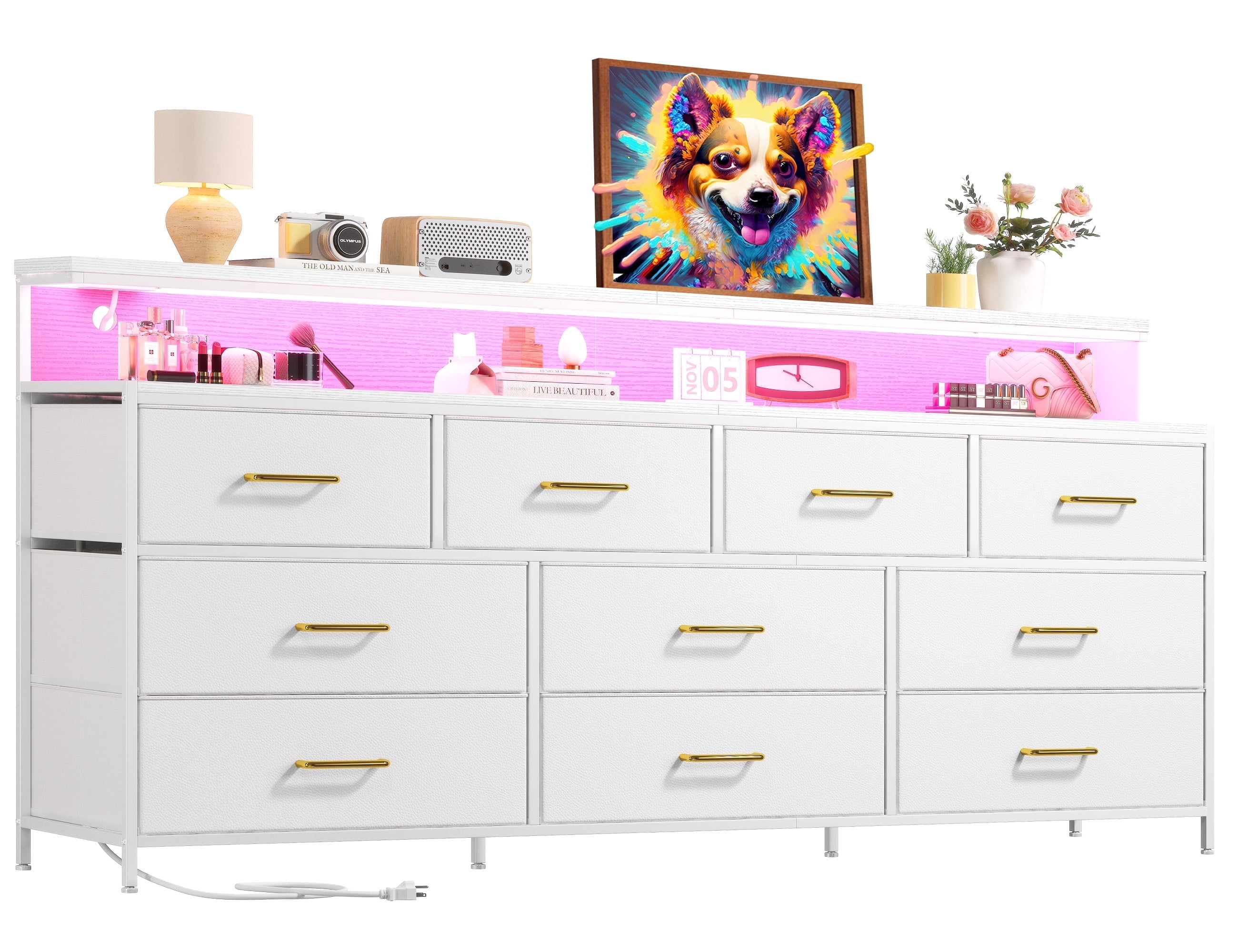 "EnHomee 55"" Long Bedroom Dresser, 10 Drawer, LED, with Charging ...