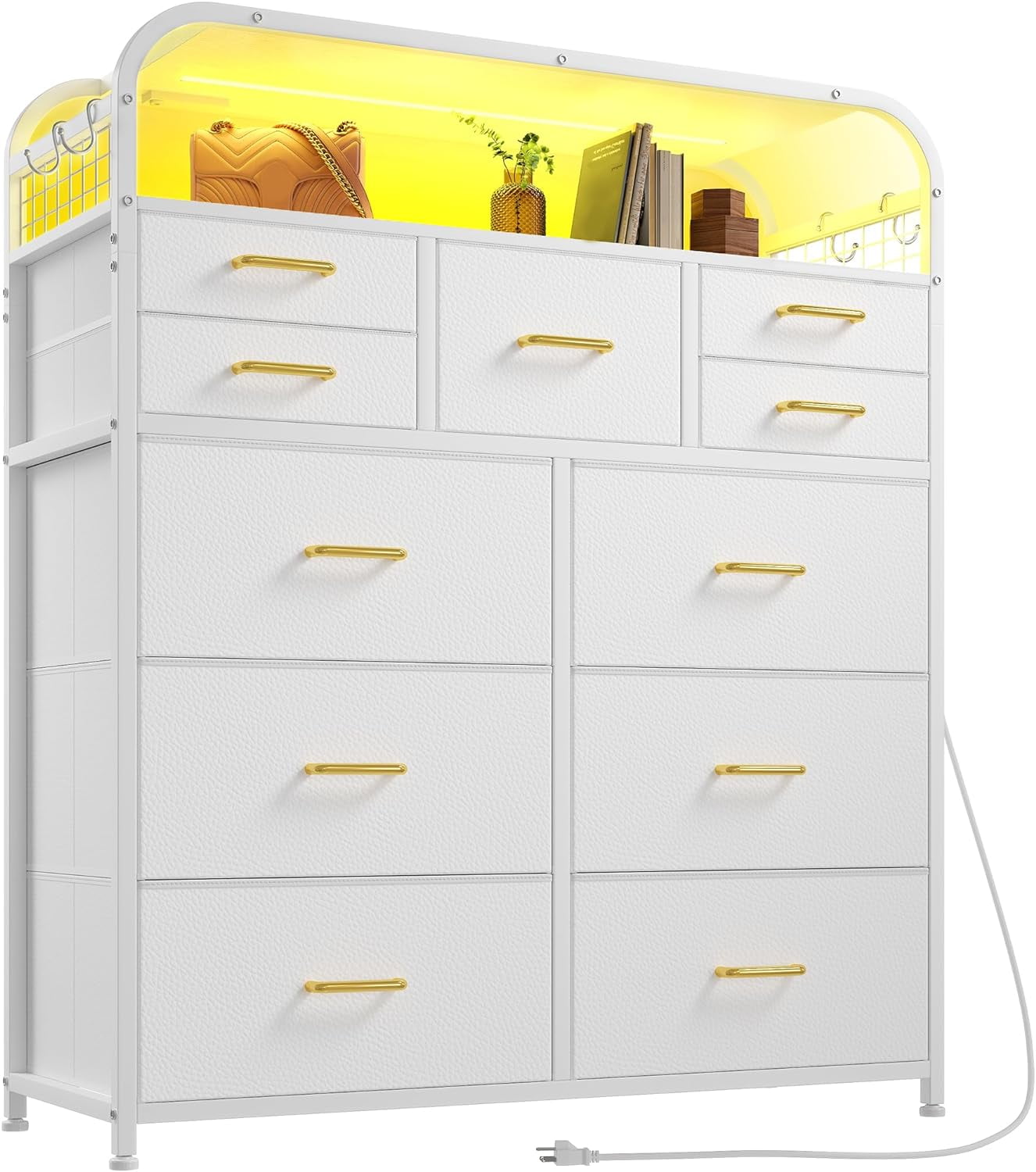 Enhomee White Dresser For Girls Bedroom11 Drawer Dresser With Led Lights And Charging Station