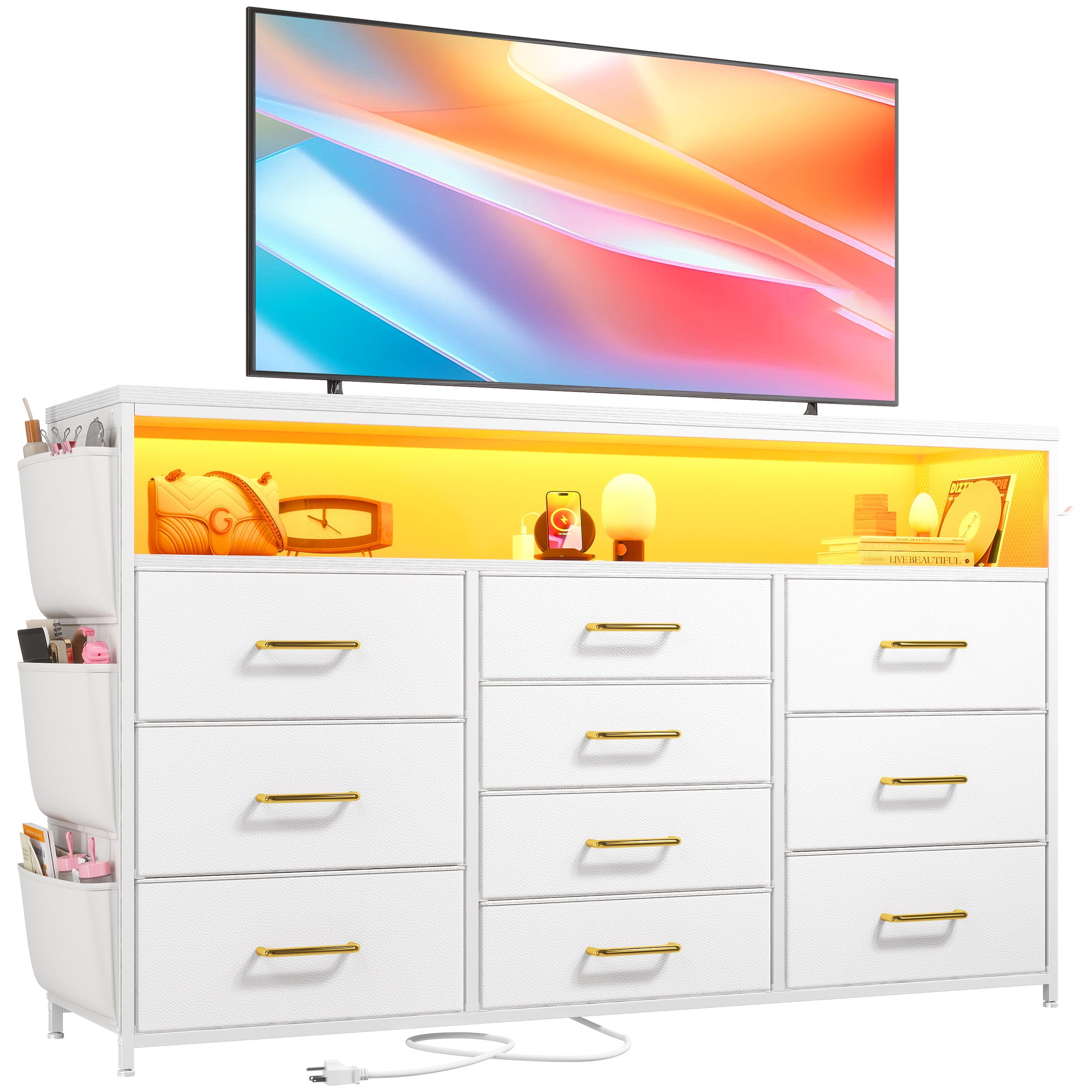 EnHomee White Dresser TV Stand with Power Outlets &LED Lights ...