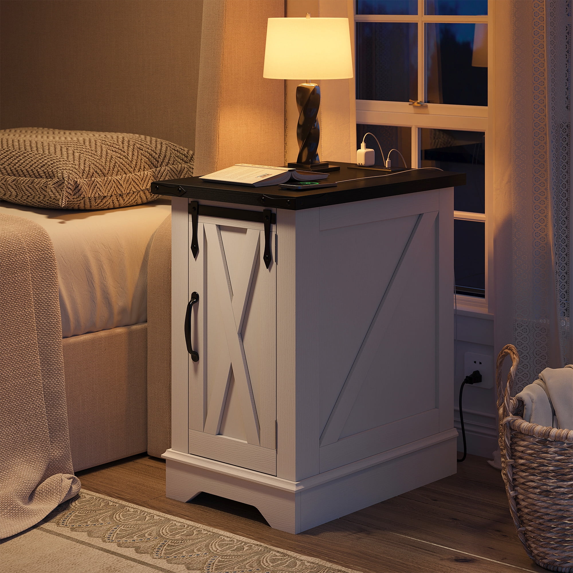 EnHomee White End Table, Nightstand with Charging Station Farmhouse End ...