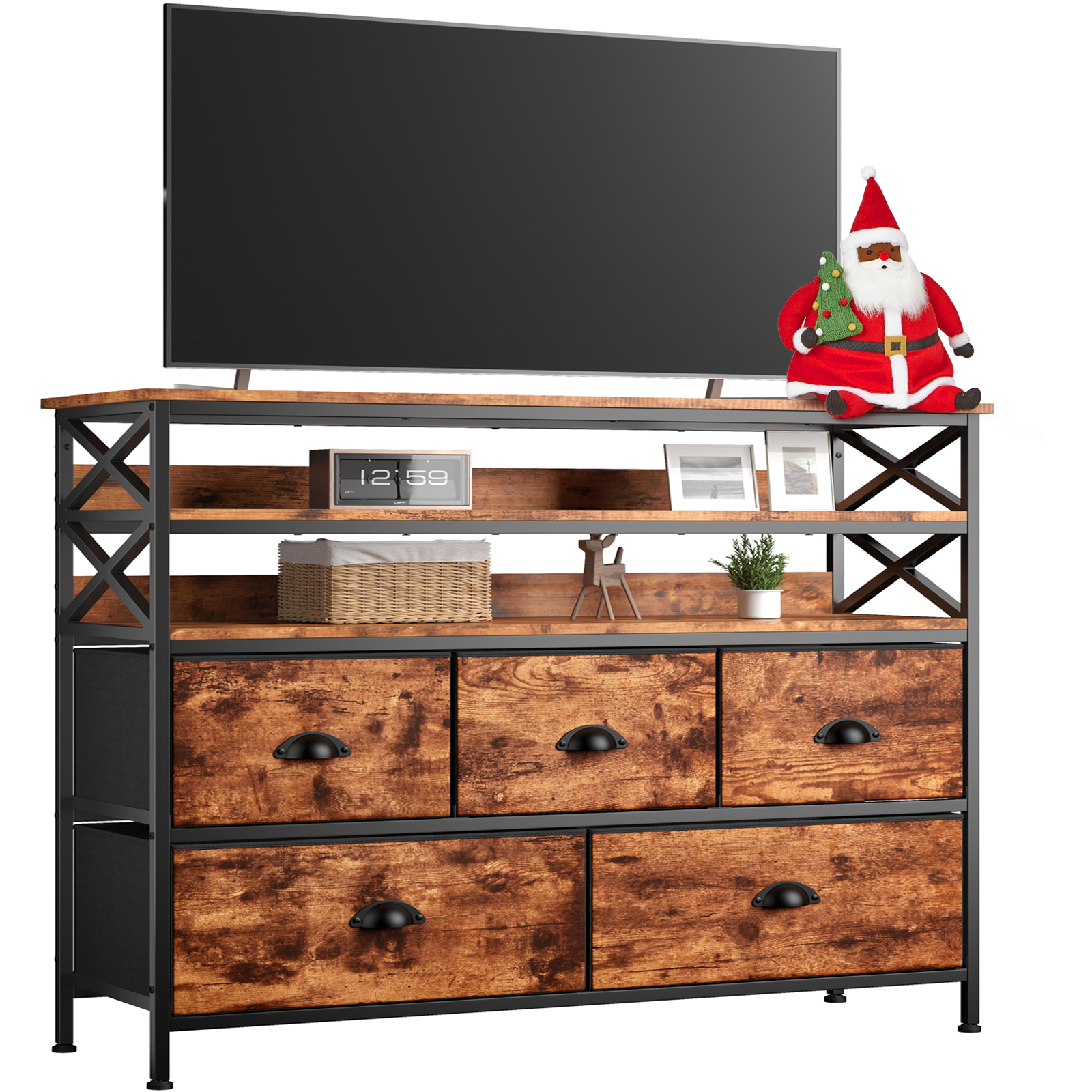 Multi-Purpose Dresser TV Stand with 5 Drawers, Open Shelves & Steel ...