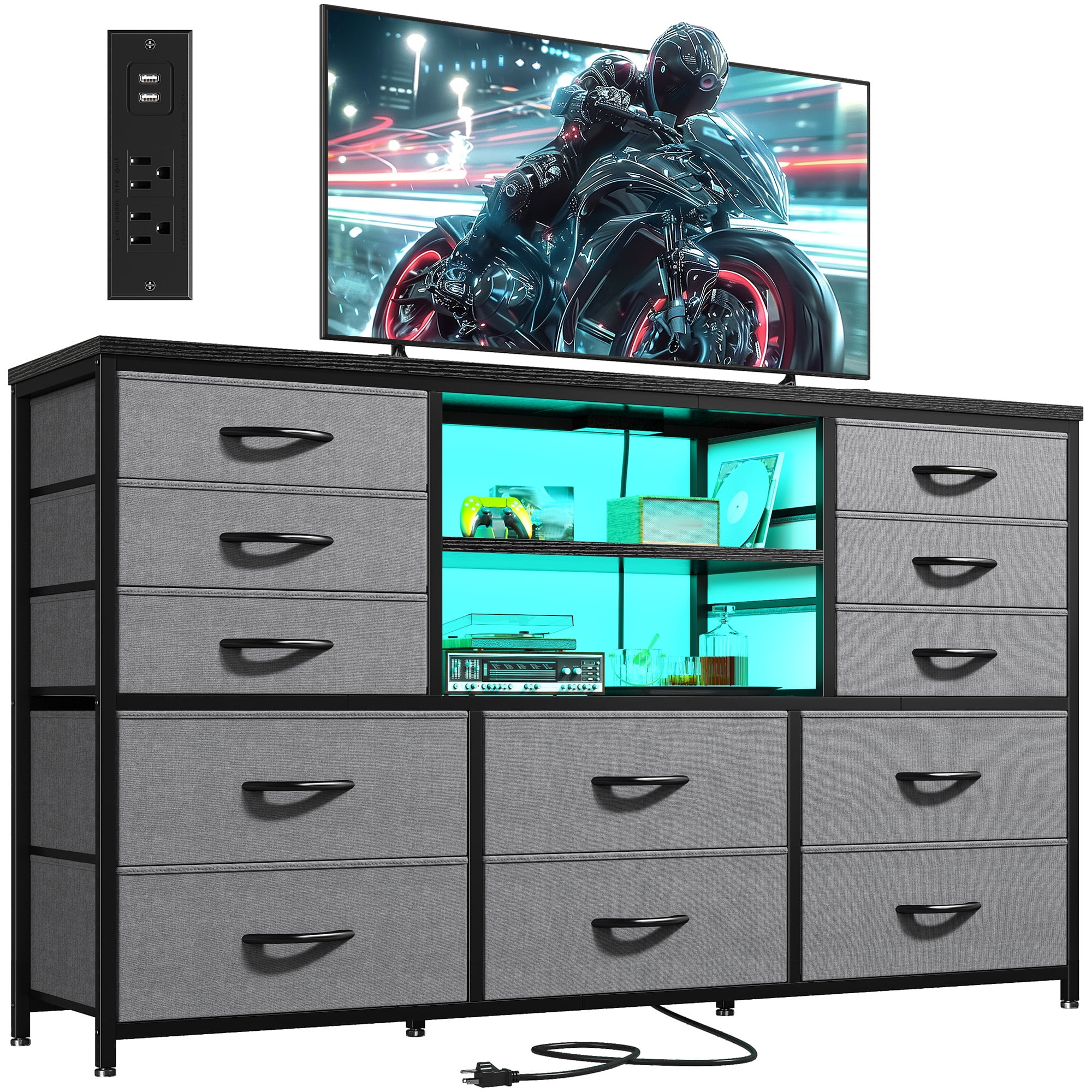 EnHomee 65'' TV Stand, LED-Lit Dresser, 12 Fabric Drawers, Versatile ...