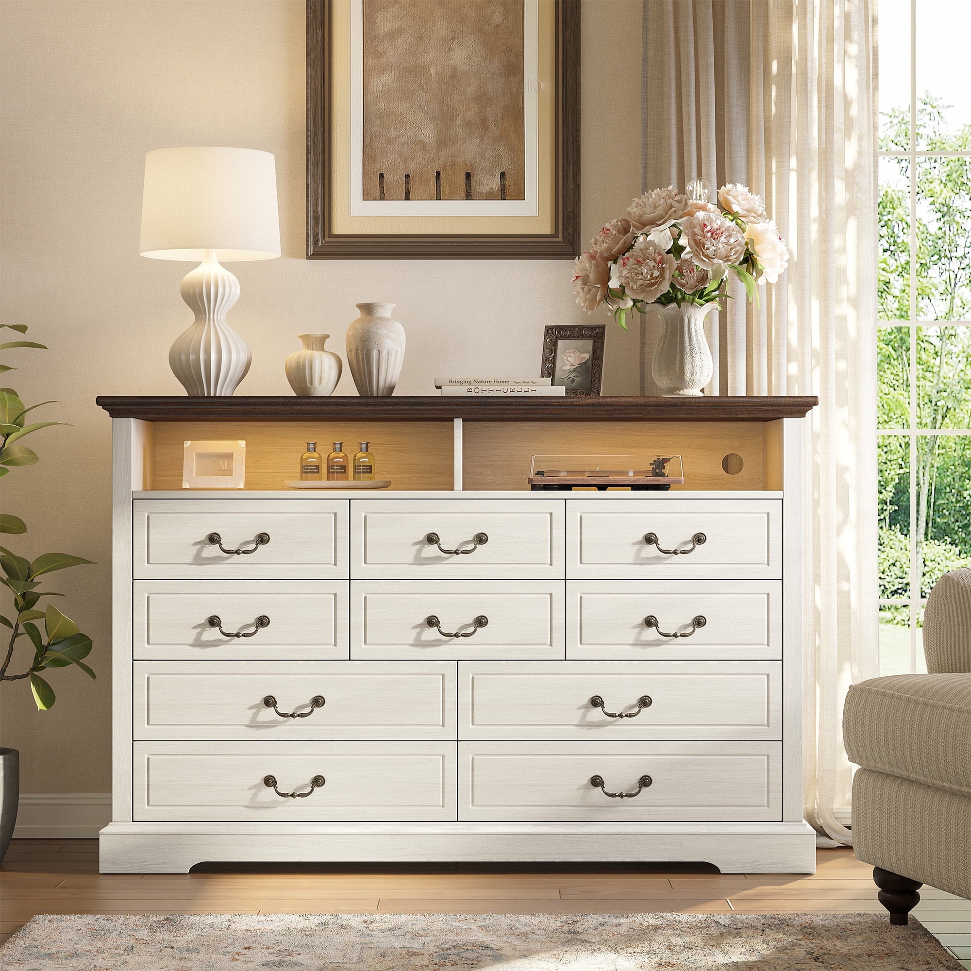 EnHomee Wood 10 Drawers Dresser with LED Lights&Charging Station Wood ...