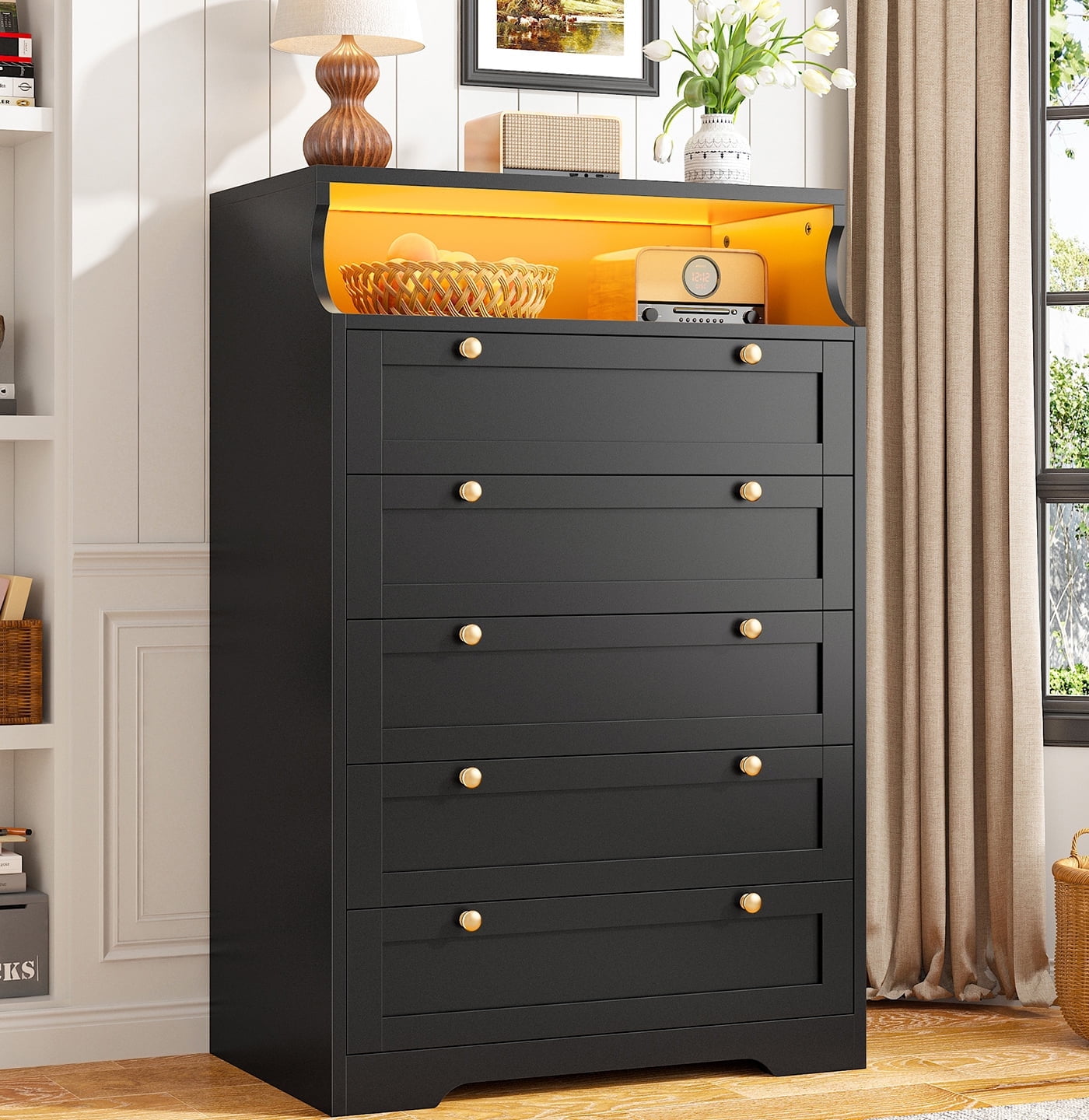 "EnHomee Black Dresser, Solid Wood, 5 Deep Drawers, 31.7""L x 48.6""H ...