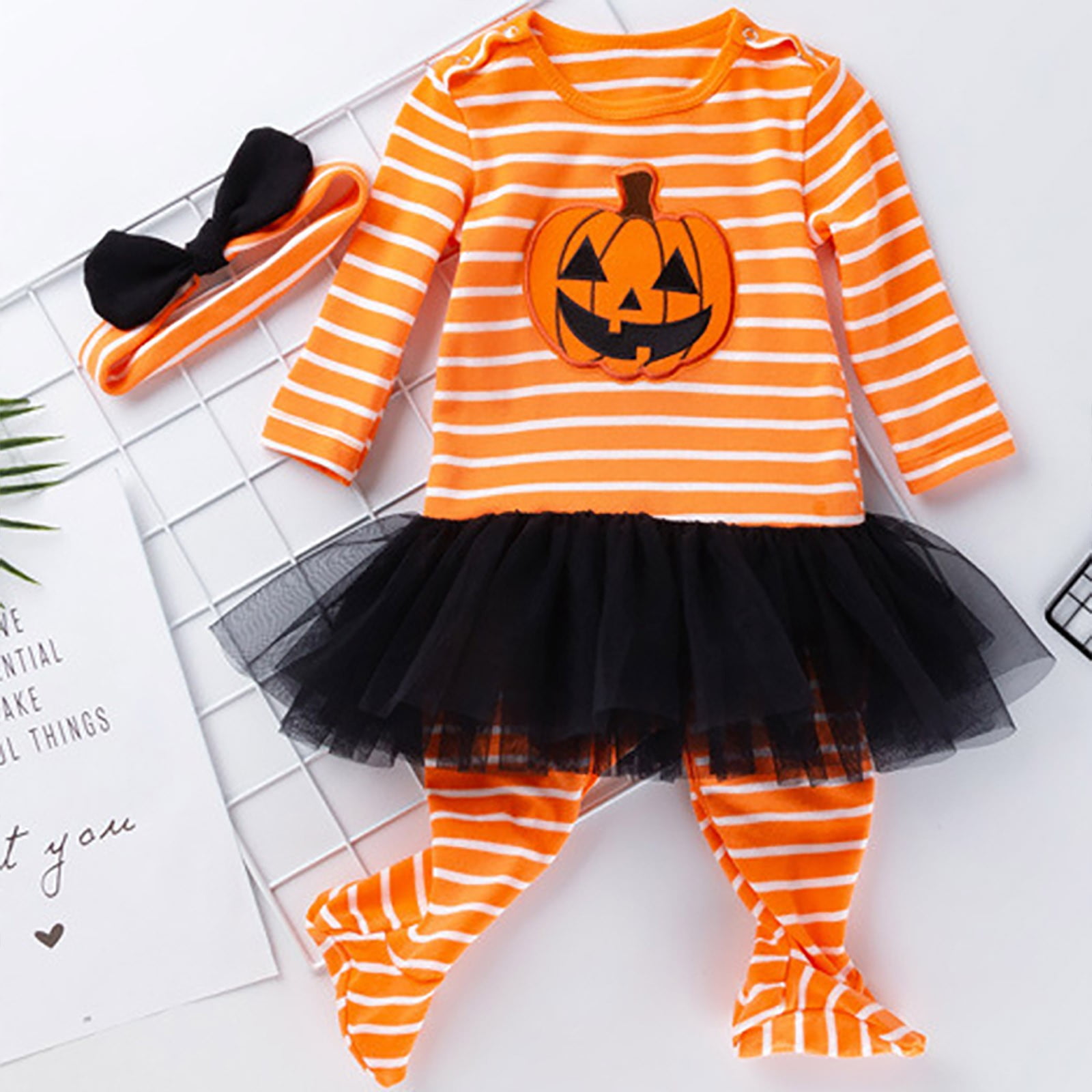 EnJoCho Baby Girls Halloween Romper Long Sleeve Jumpsuit Pumpkin Print Bodysuit with Headband ...