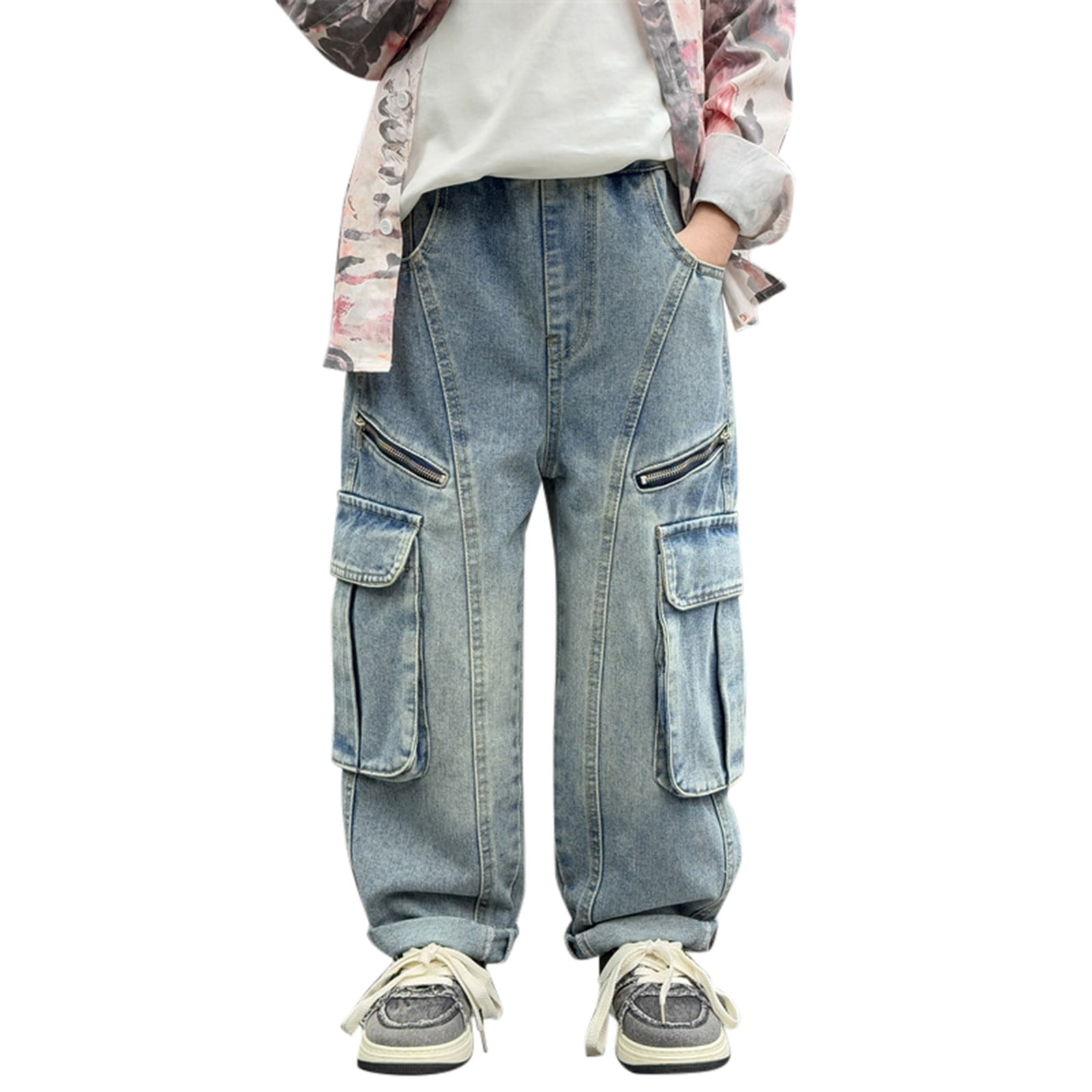 EnJoCho Boys Vintage Washed Utility Jeans, Oversized Pocket Straight ...