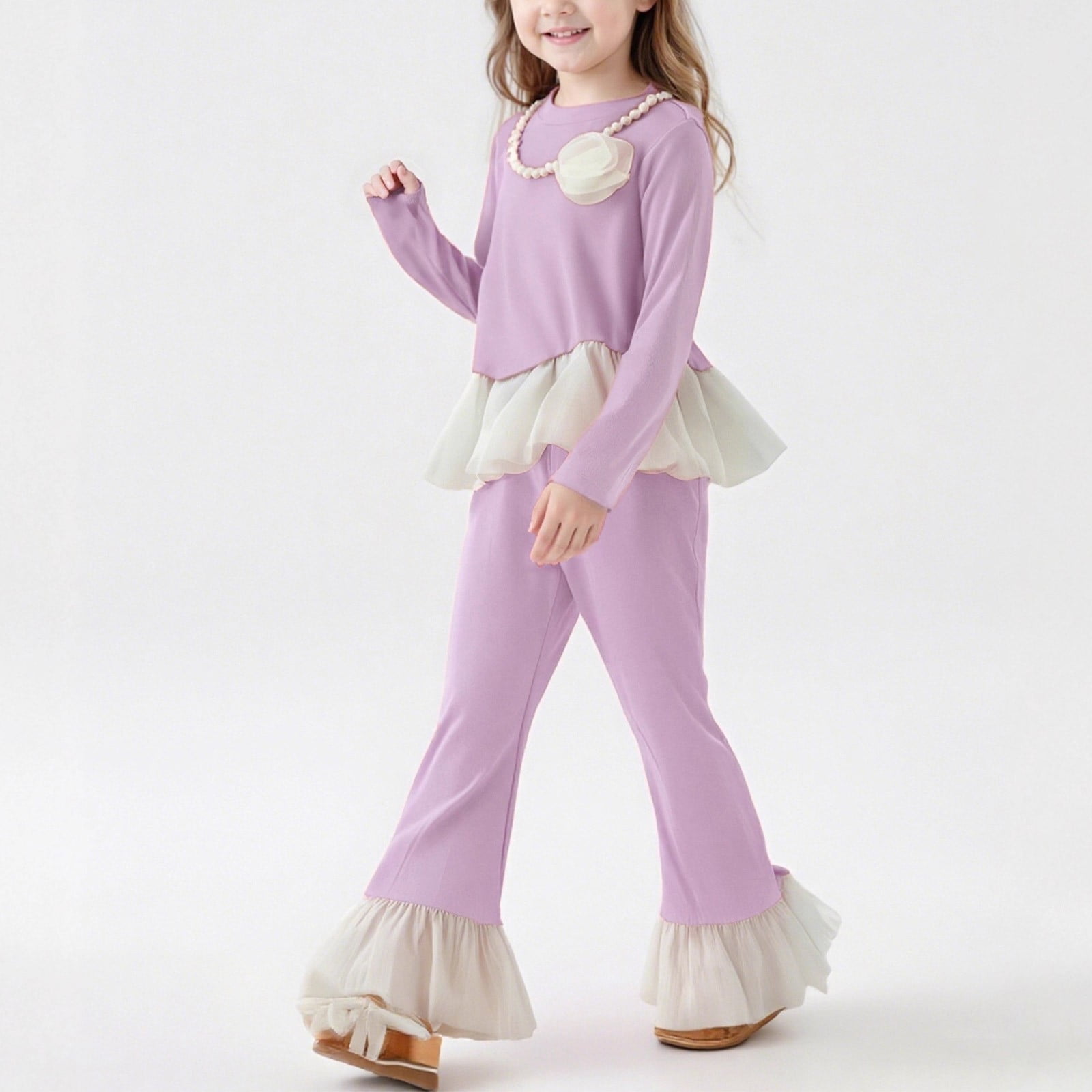 EnJoCho Childrens Long Sleeve Ru𝖿fled Blouse Top Flared Leggings Pants ...