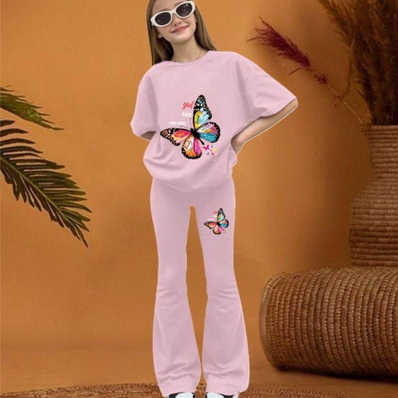 EnJoCho Girls 2 Piece Outfits Short Sleeve Tops Bell Bottom Pants Set ...