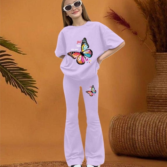 EnJoCho Girls 2 Piece Outfits Short Sleeve Tops Bell Bottom Pants Set ...