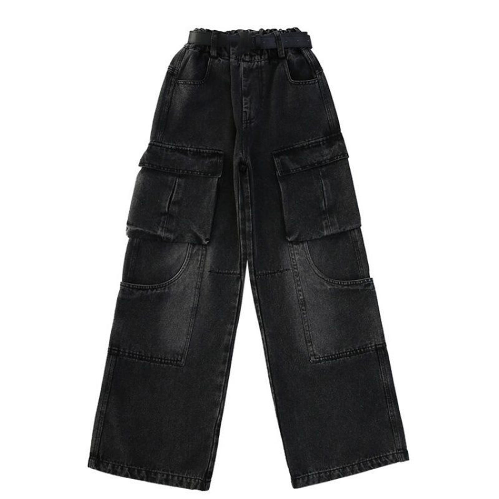 EnJoCho Girls Baggy Cargo Jeans Washed Wide Leg Straight Elastic Waist ...
