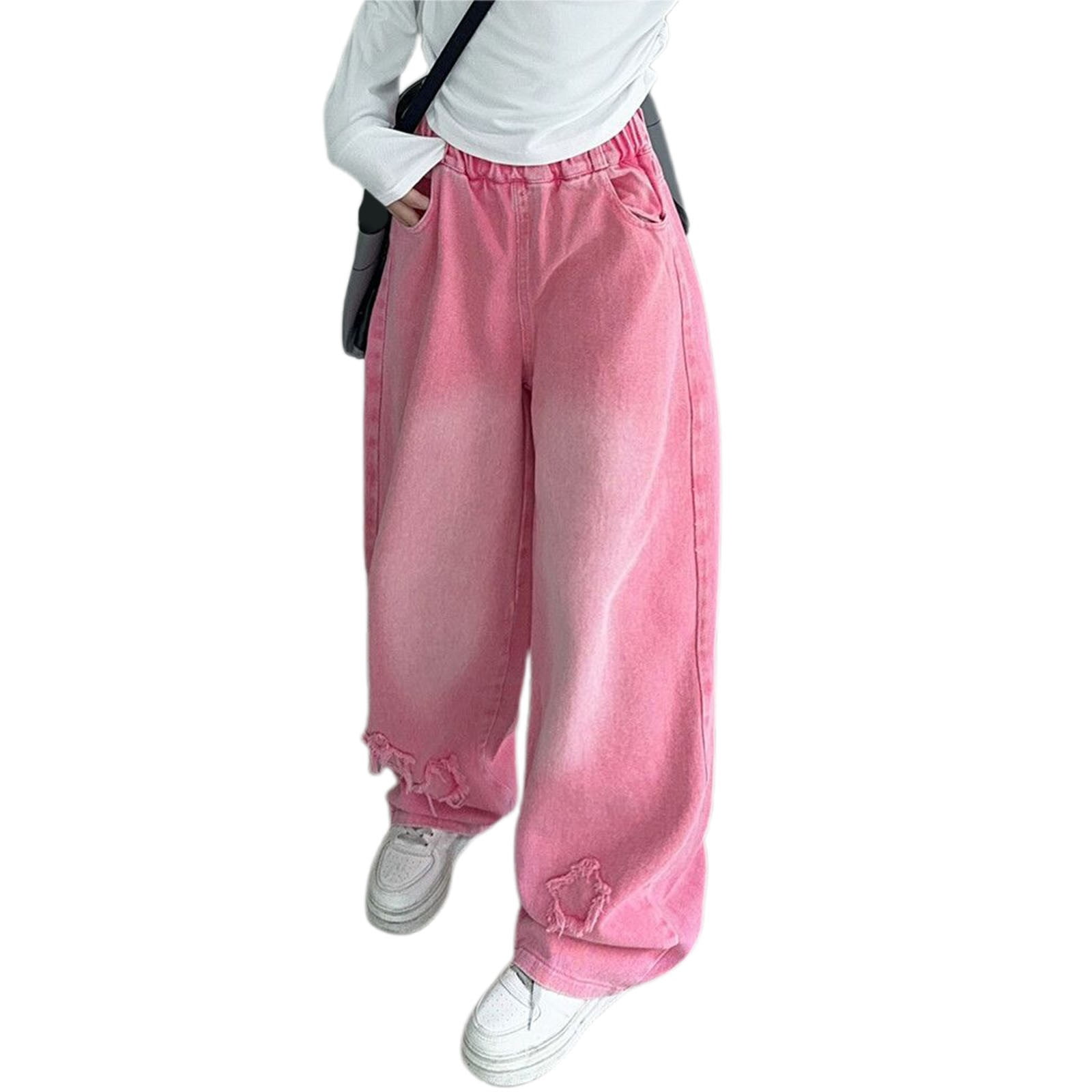 EnJoCho Girls Baggy Jeans Star Pattern High Elastic Wide Leg Denim ...