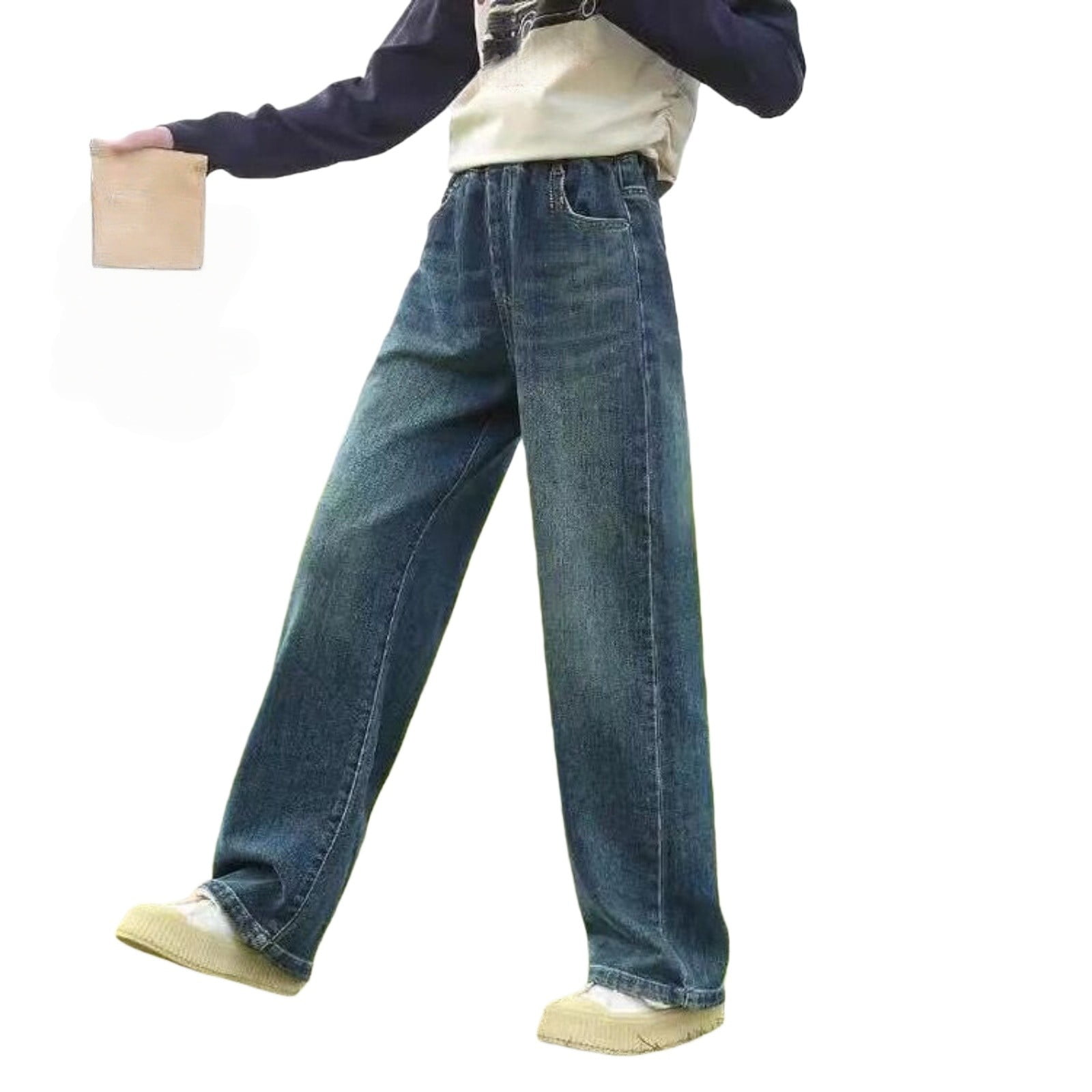 EnJoCho Girls Basic Jeans Cargo Baggy Wide Leg High Elastic Waist ...