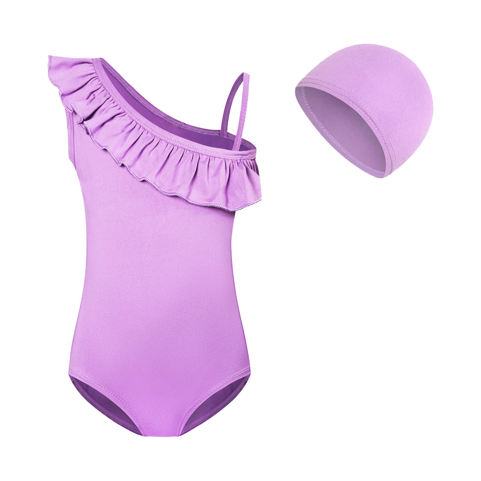 EnJoCho Girls Bodysuit Swimsuit With Cap One Shoulder Ruffle Monokini ...