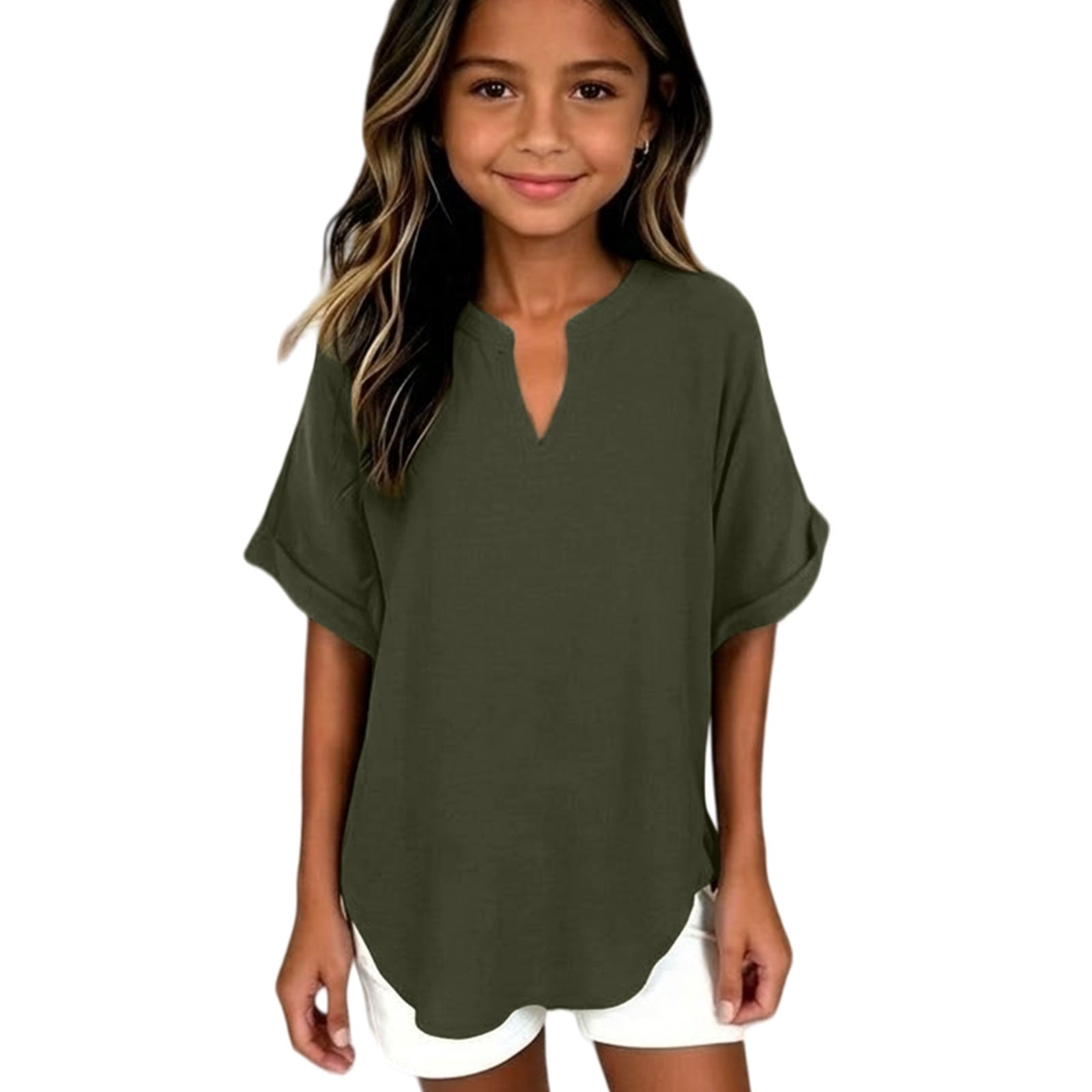 EnJoCho Girls Cotton Linen Shirts V Neck Short Sleeve Plain Curved He𝗆 ...