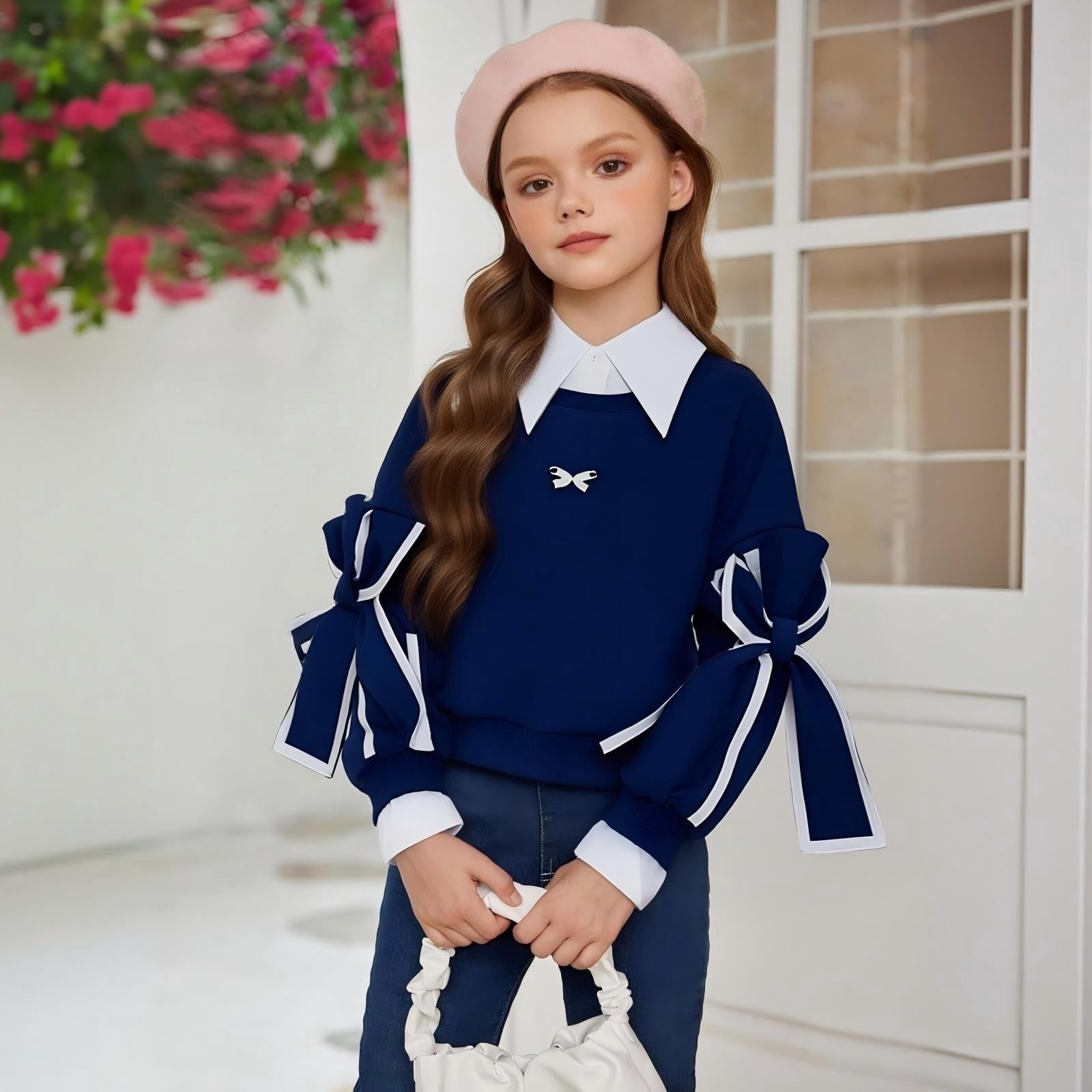 EnJoCho Girls Crop Bow Crewneck Sweatshirt Long Sleeve Drop Shoulder ...