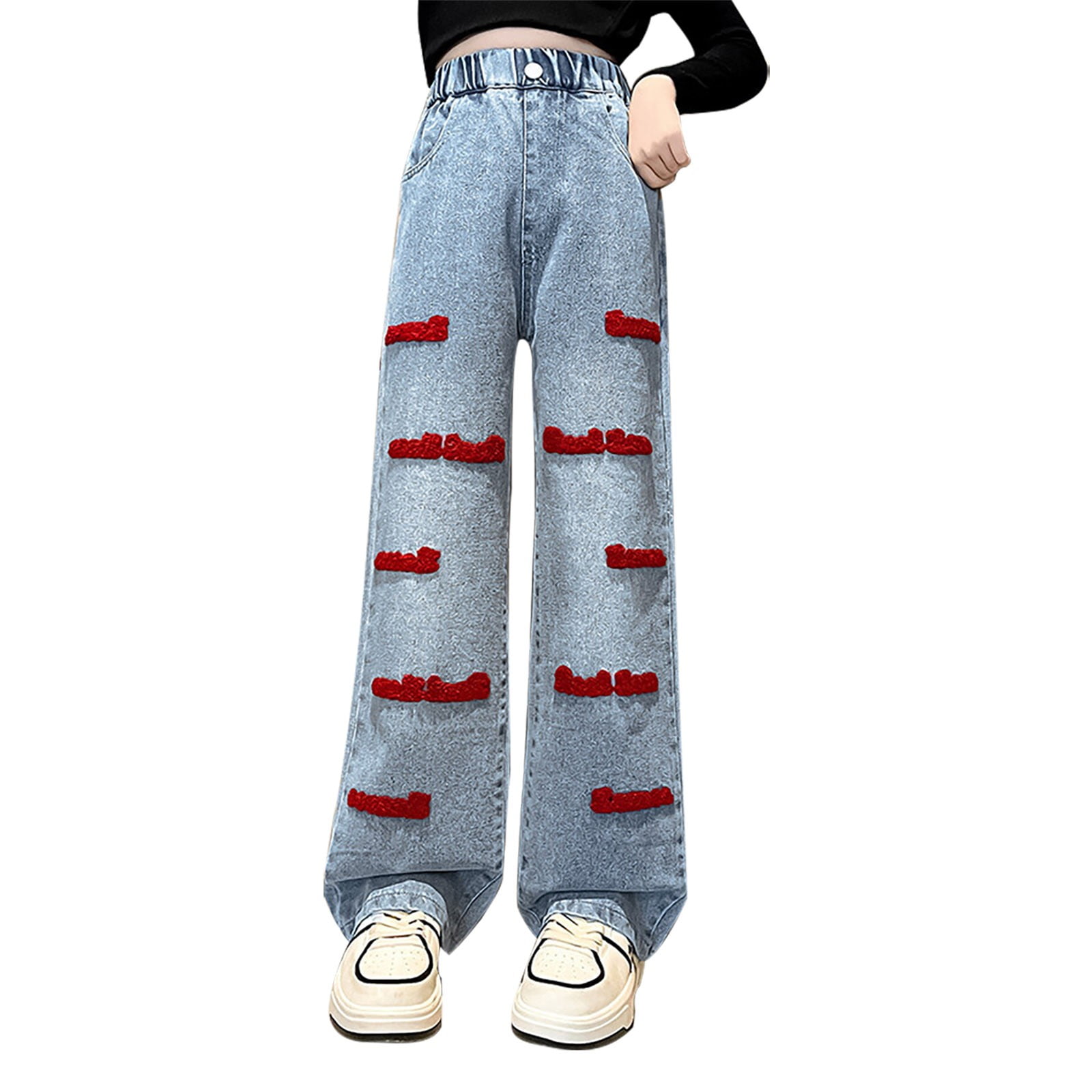 EnJoCho Girls Embroidered Jeans Elastic Straight Leg Pockets Retro ...